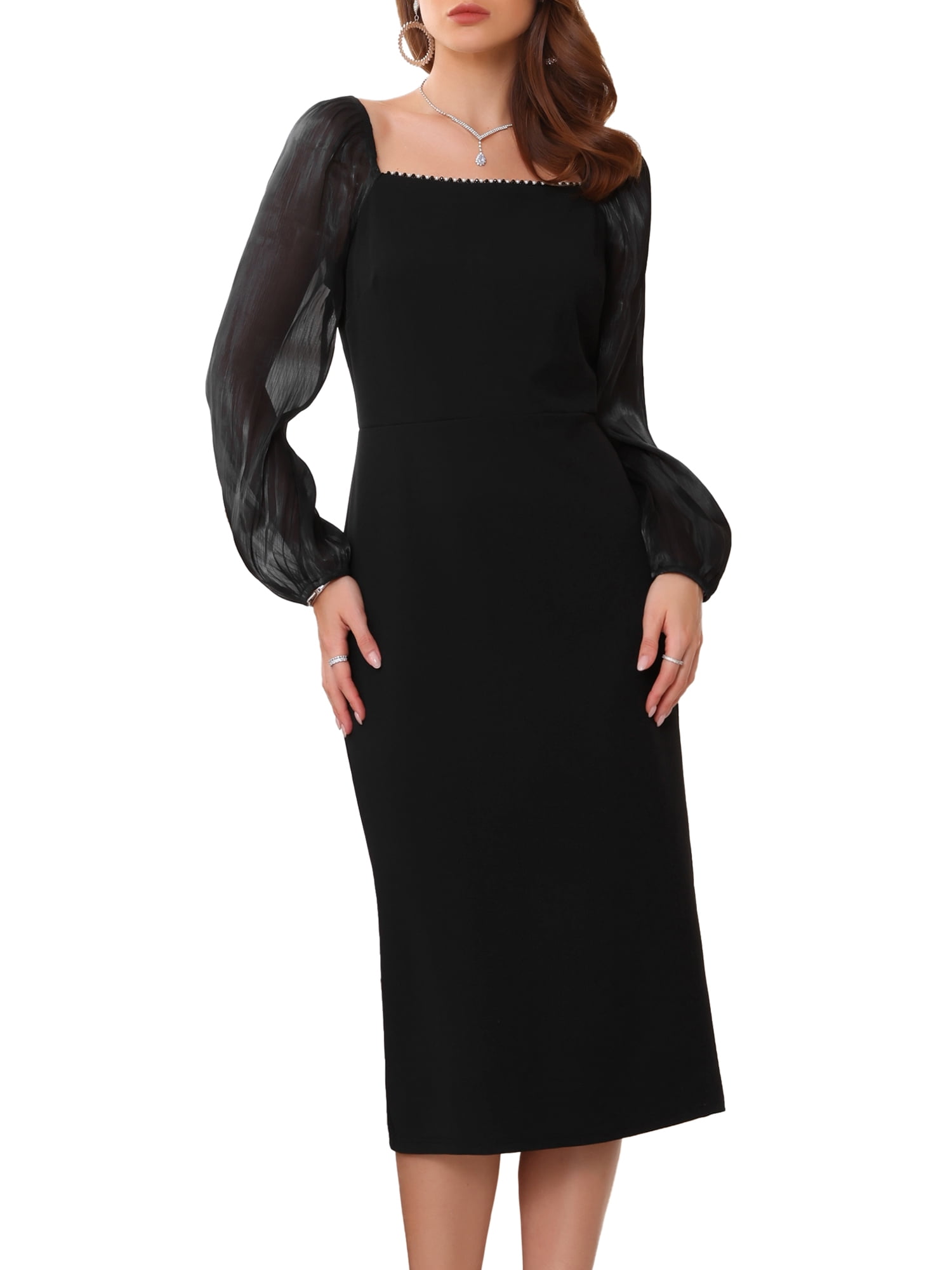 DARING DIVA Square Neck Mesh Long Sleeve Cocktail Pencil Dress 2XL ...