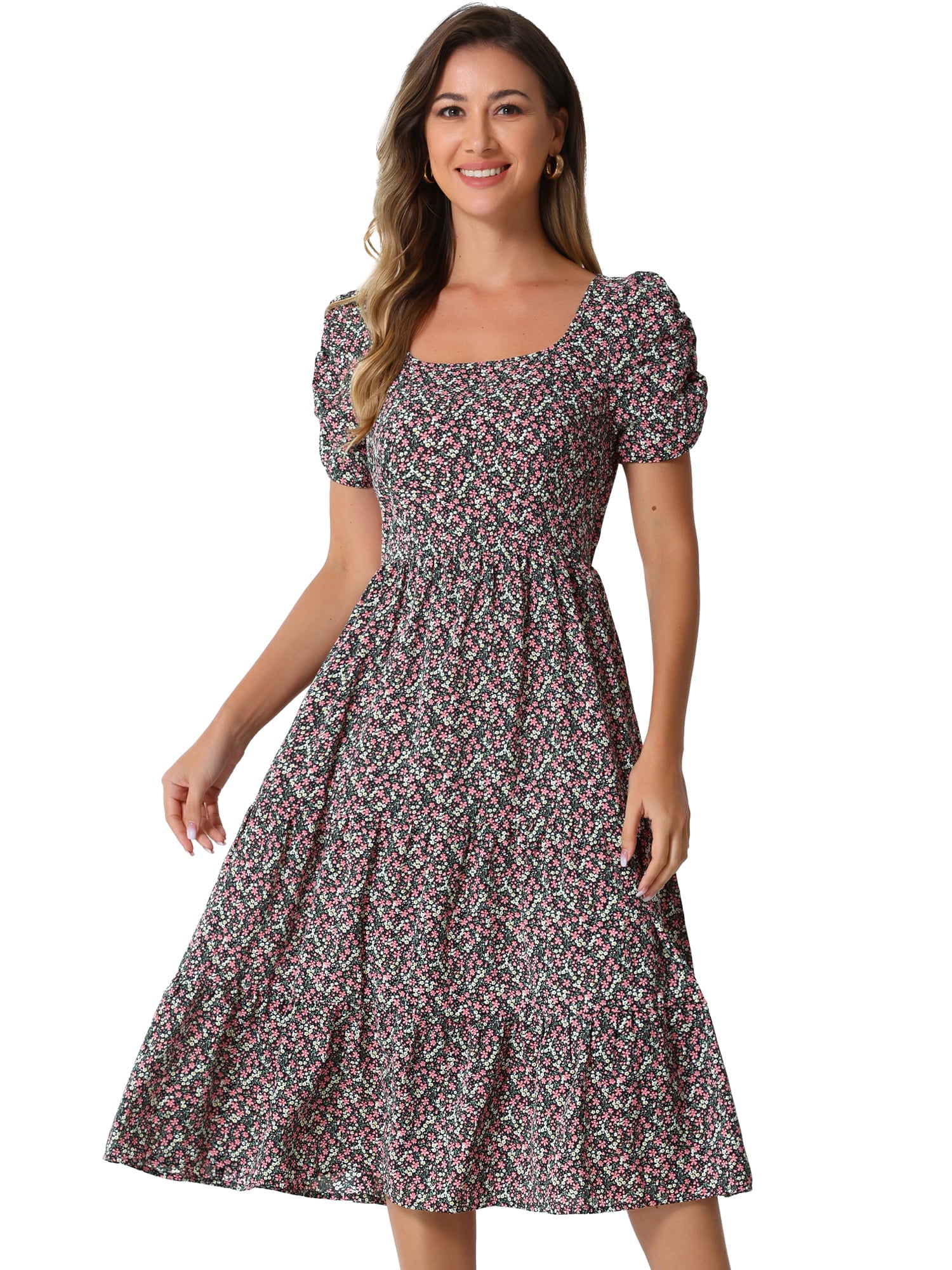 DARING DIVA Square Neck Puff Tiered Ruffled Hem Dress S Black - Walmart.com