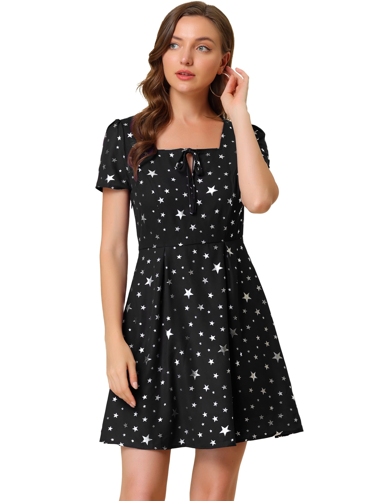 DARING DIVA Square Neck Short Sleeve Print A-Line Dress L Black-Stars ...
