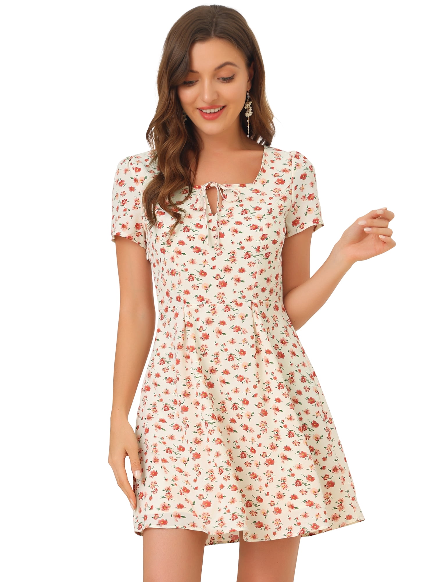 DARING DIVA Square Neck Short Sleeve Print A-Line Dress XL White-Floral ...