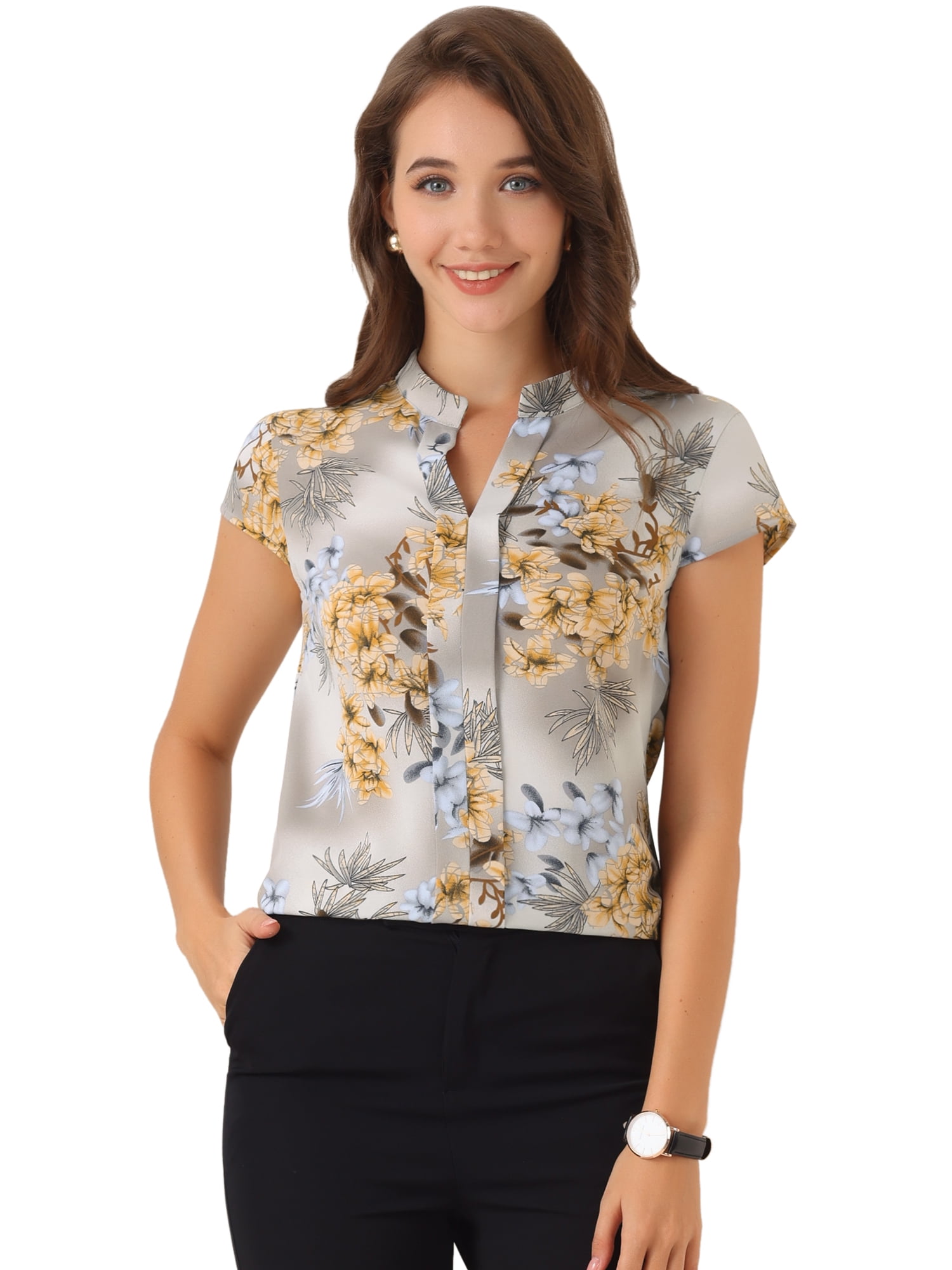 DARING DIVA Stand Collar Floral Silky Work Blouse Top Navy Blue XS XL Gray Apricot - Walmart.com