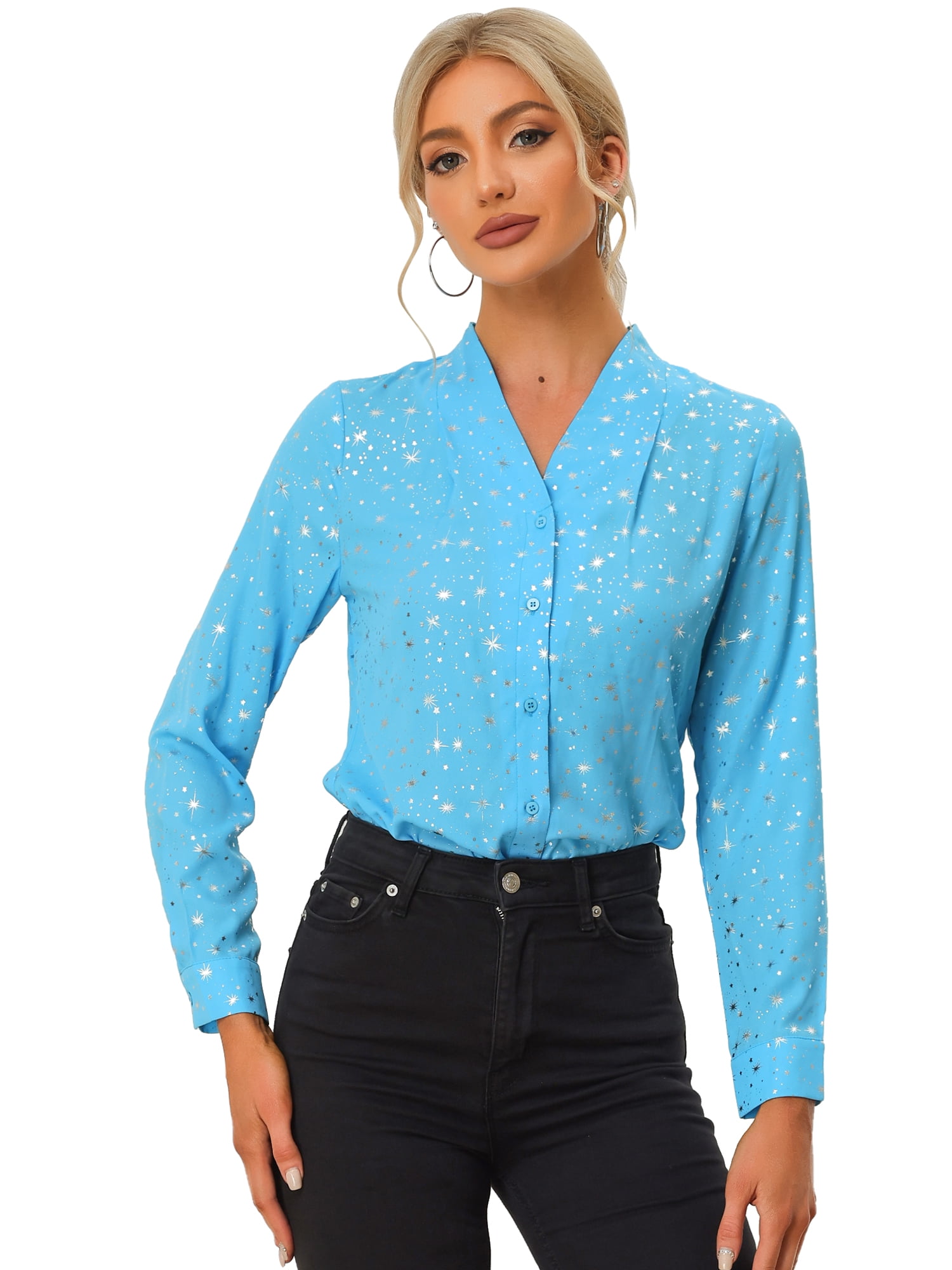 DARING DIVA Stand Collar Metallic Dots Stars Blouse Top XS Light Blue ...
