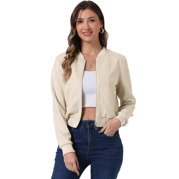DARING DIVA Stand Collar Zip Up Biker Moto Bomber Jackets M Beige ...
