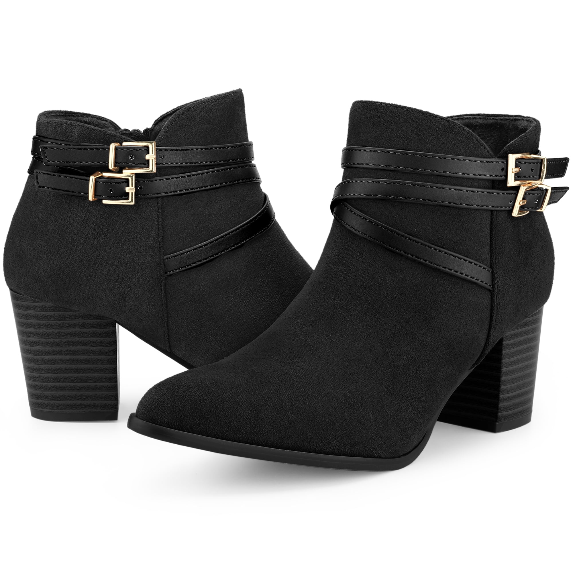 DARING DIVA Strappy Pointed Toe Buckle Chunky Heel Ankle Booties Black ...