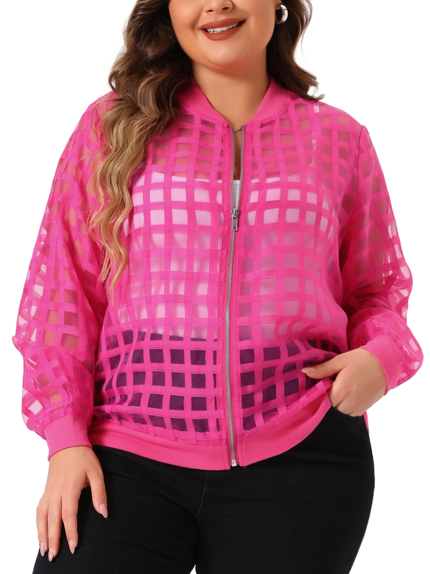 DARING DIVA Stylish Plus Size Mesh Sheer Zip Up Bomber Jacket 4X Hot ...