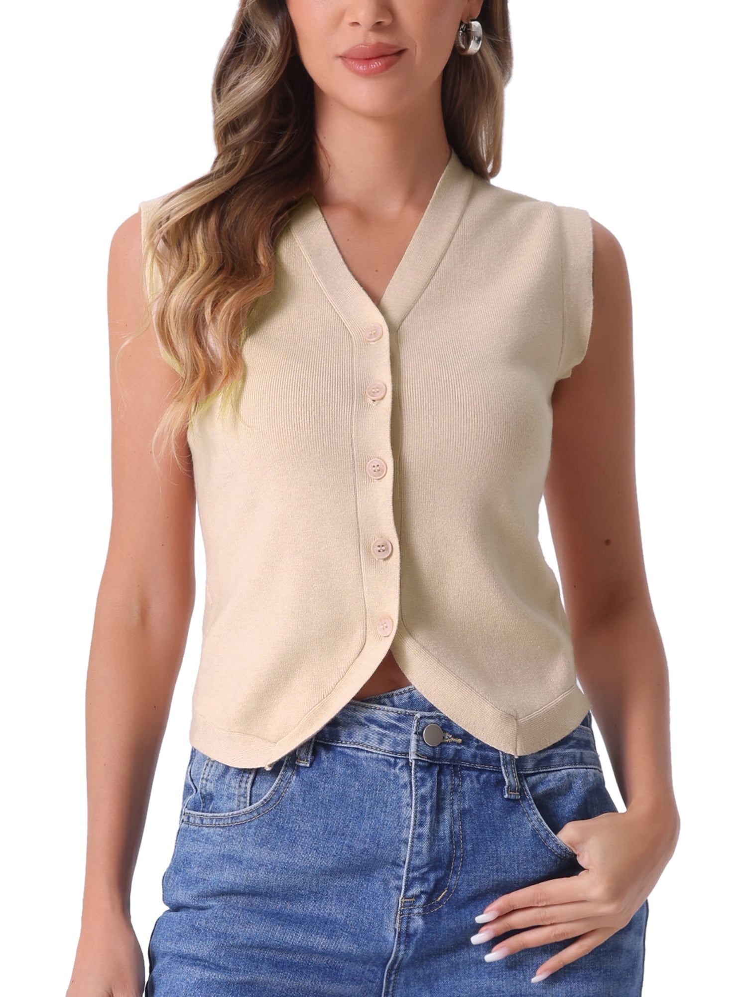 DARING DIVA Stylish Sleeveless V Neck Cropped Button Up Sweater Vest L ...