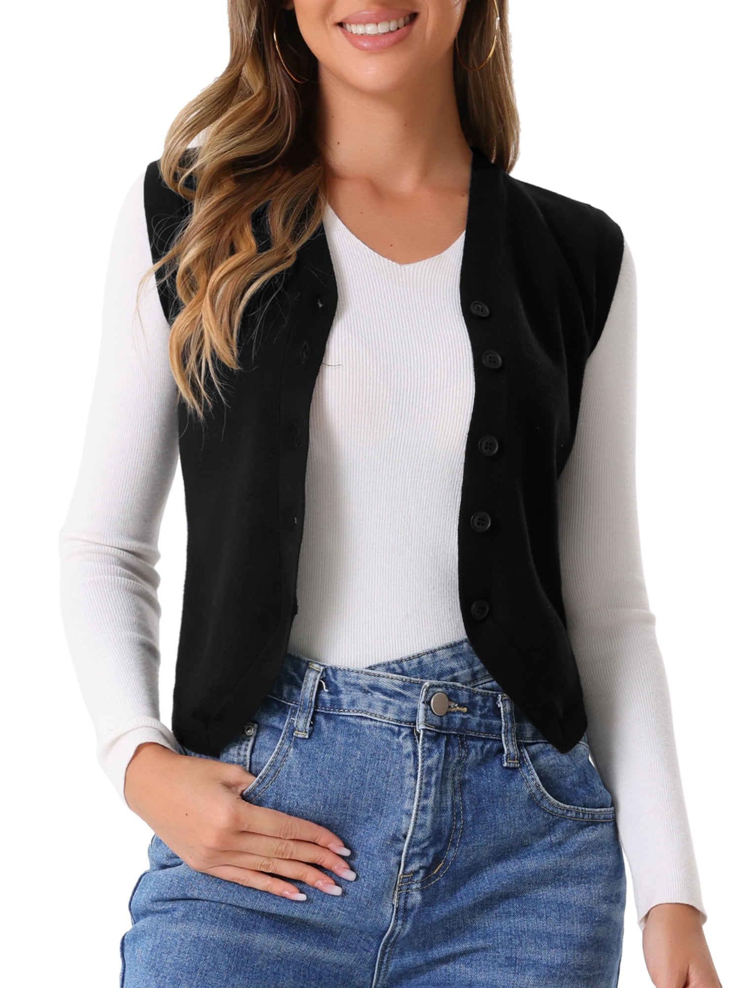 DARING DIVA Stylish Sleeveless V Neck Cropped Button Up Sweater Vest XS ...