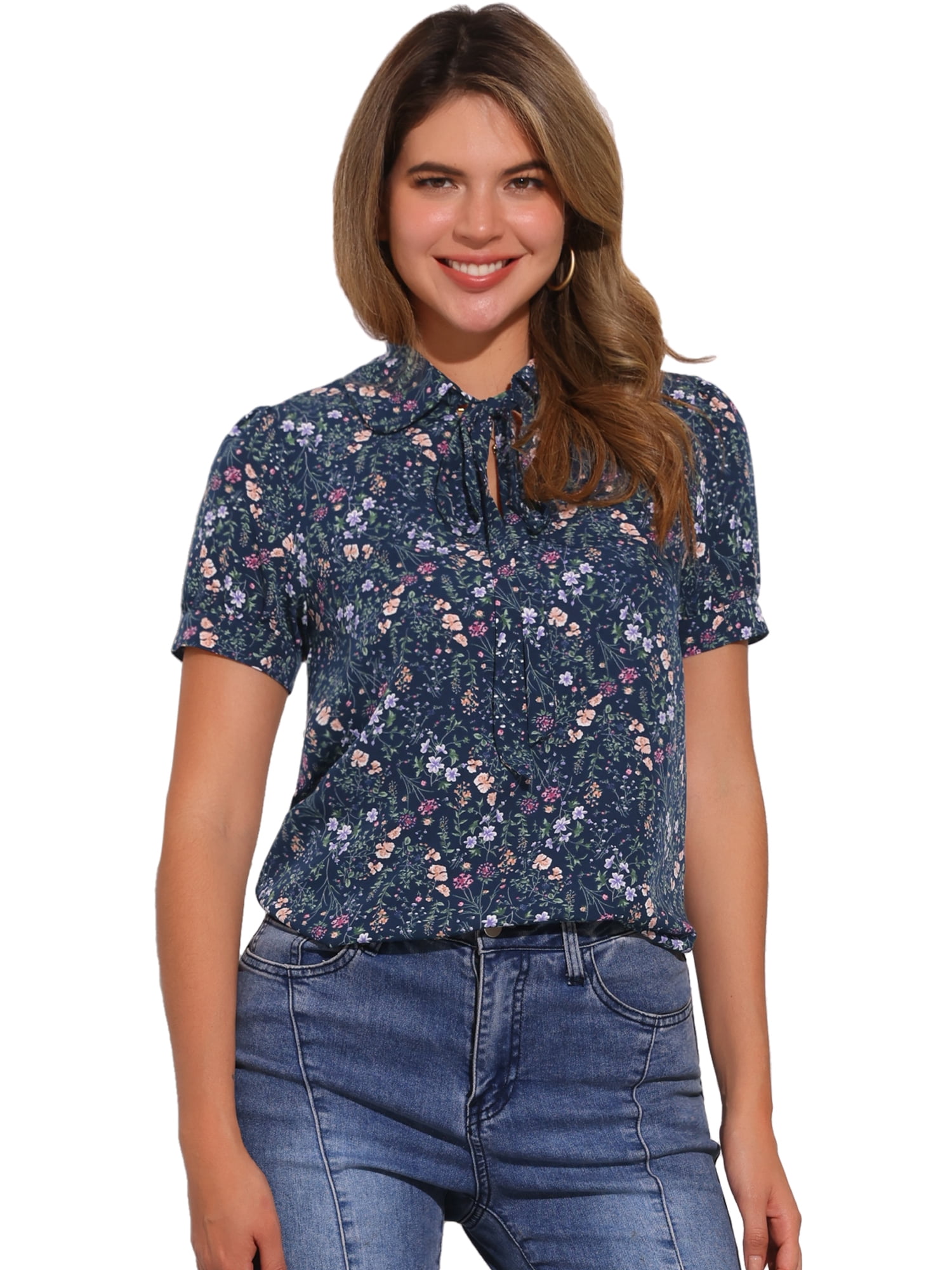 DARING DIVA Tie Bow Peter Pan Collar Chiffon Blouses XS Dark Blue ...