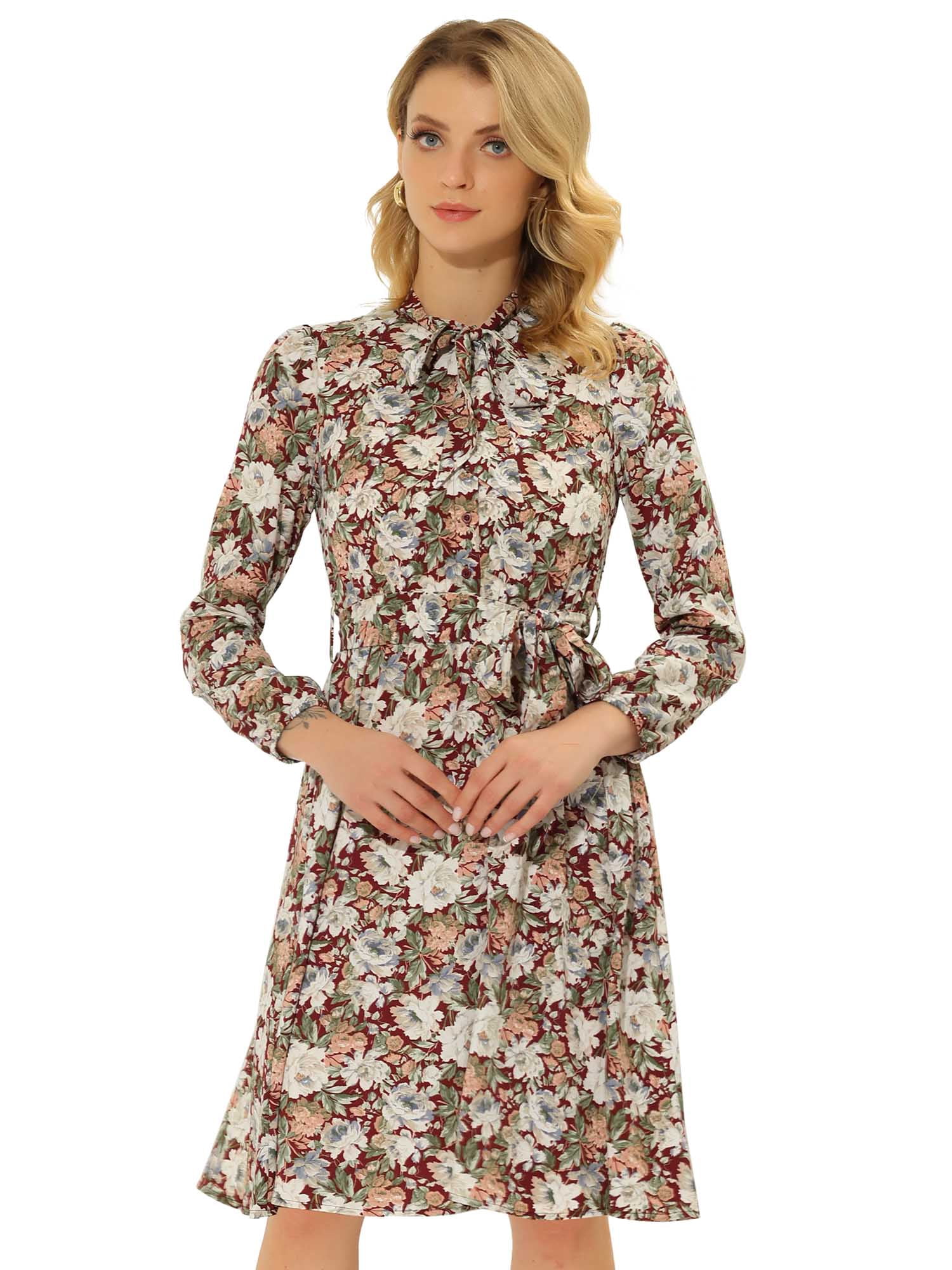DARING DIVA Tie Neck Chiffon Belted Vintage Floral Midi Dress M Deep ...