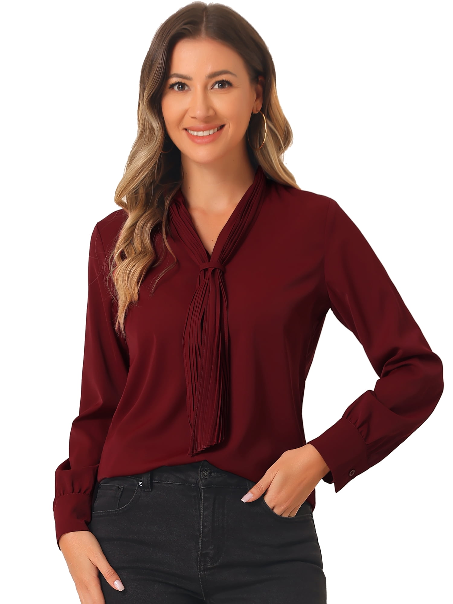DARING DIVA Tie-Neck Long Sleeve Pleated Tops Shirt XL Dark Red - Walmart.com