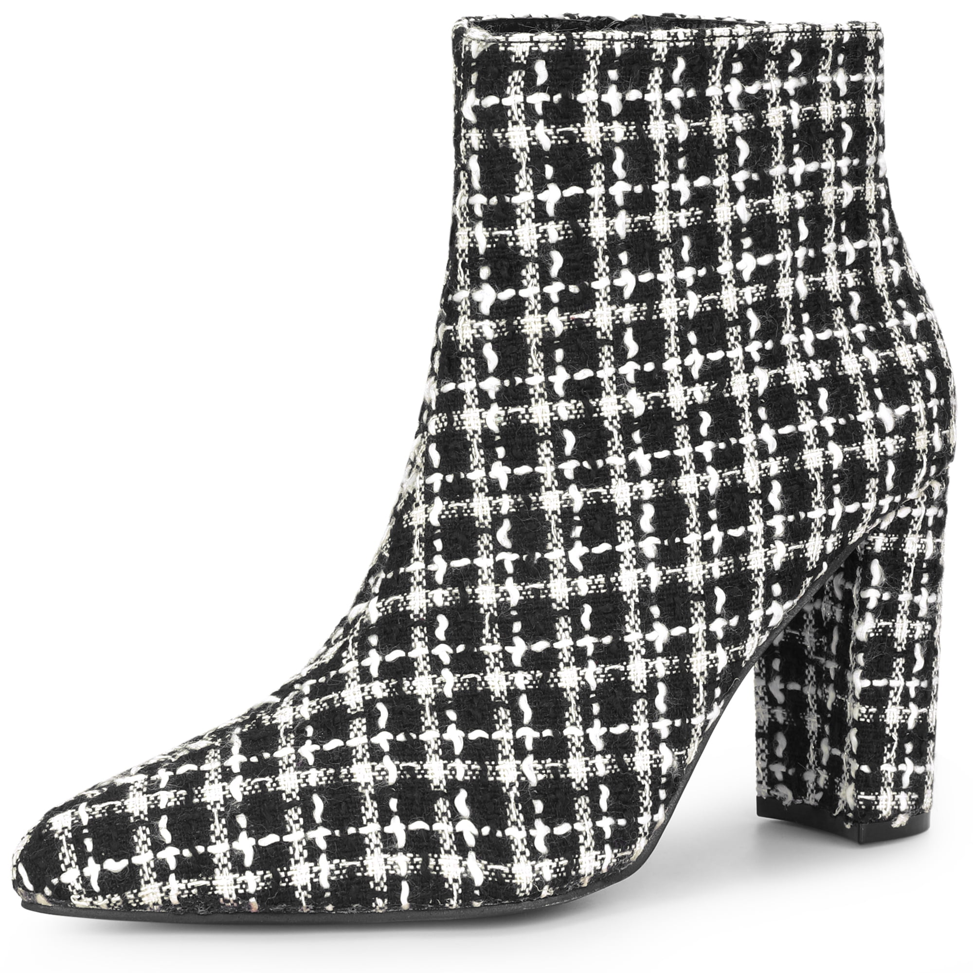 DARING DIVA Tweed Ankle Boot Pointy Toe Chunky Heel Plaid Boots Black 6 ...