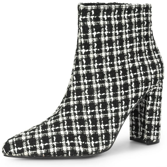 DARING DIVA Tweed Ankle Boot Pointy Toe Chunky Heel Plaid Boots Black 6 ...