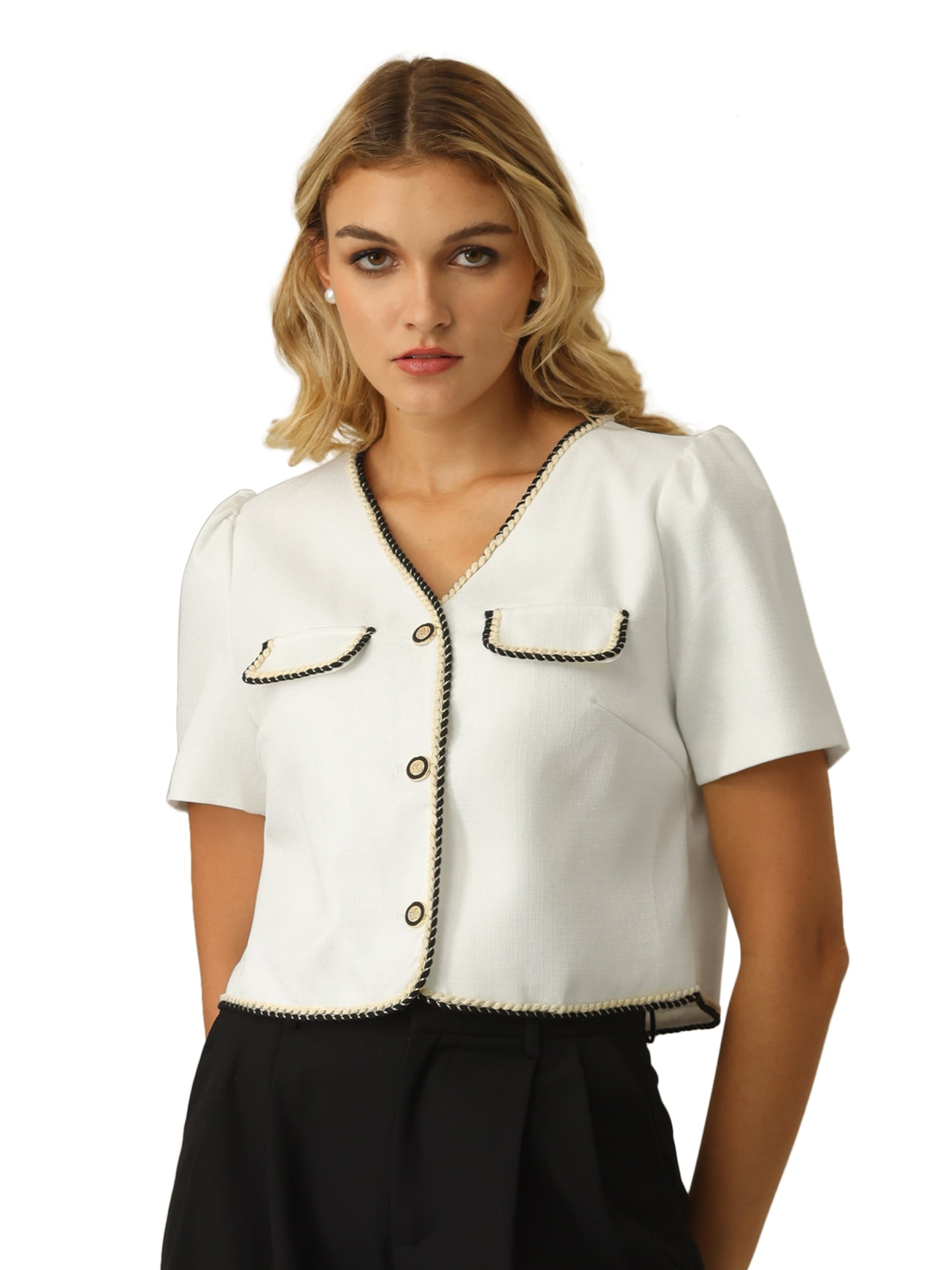DARING DIVA Tweed Contrast Color Button Down Short Sleeve Blazer M ...