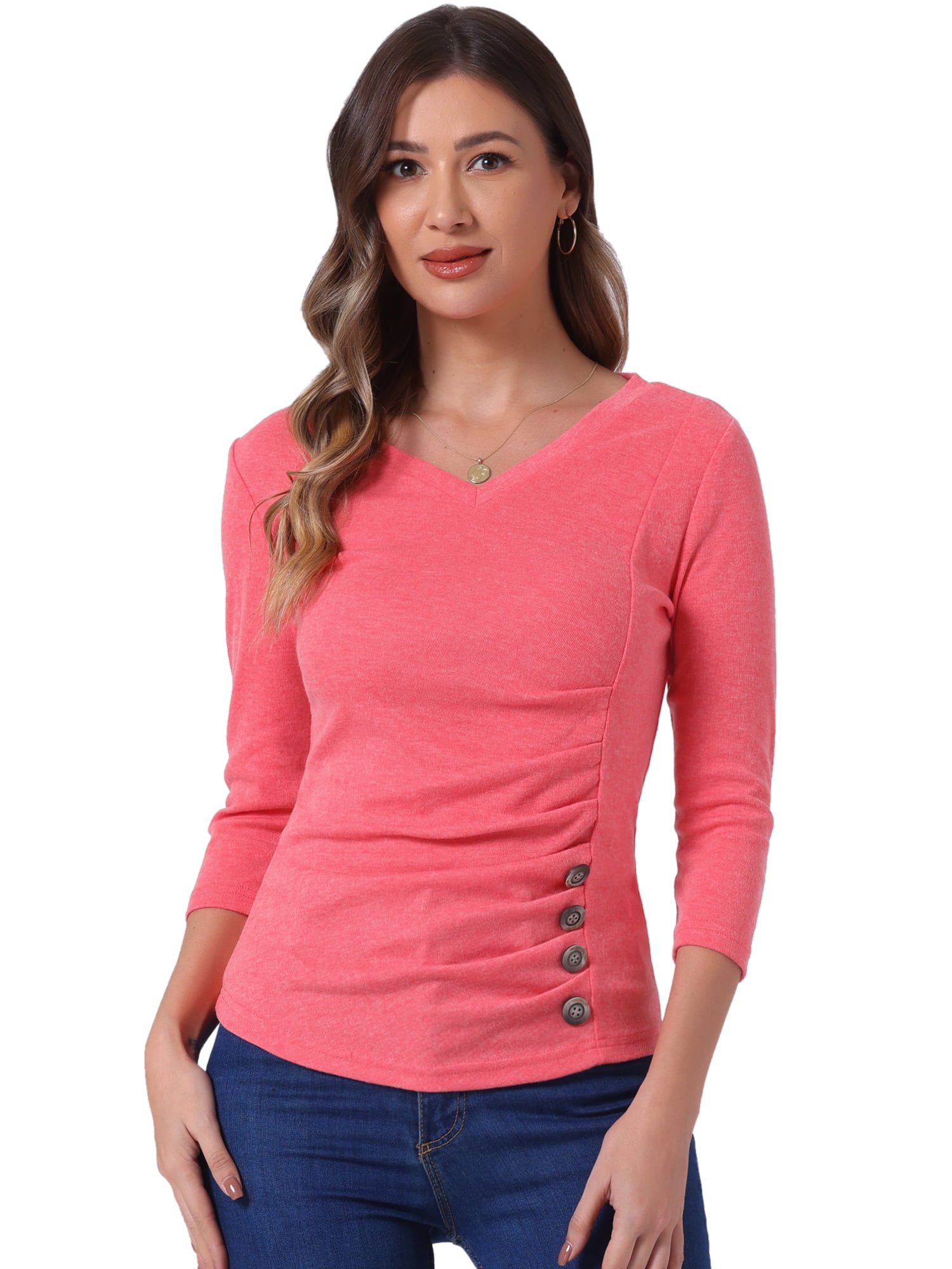 DARING DIVA V Neck Knitted Buttons Decor Ruched Blouse Top M Watermelon ...