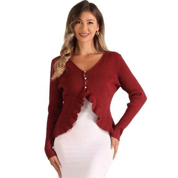 DARING DIVA V Neck Long Sleeve Knit Ruffle Cardigan Shrugs L Dark Red ...