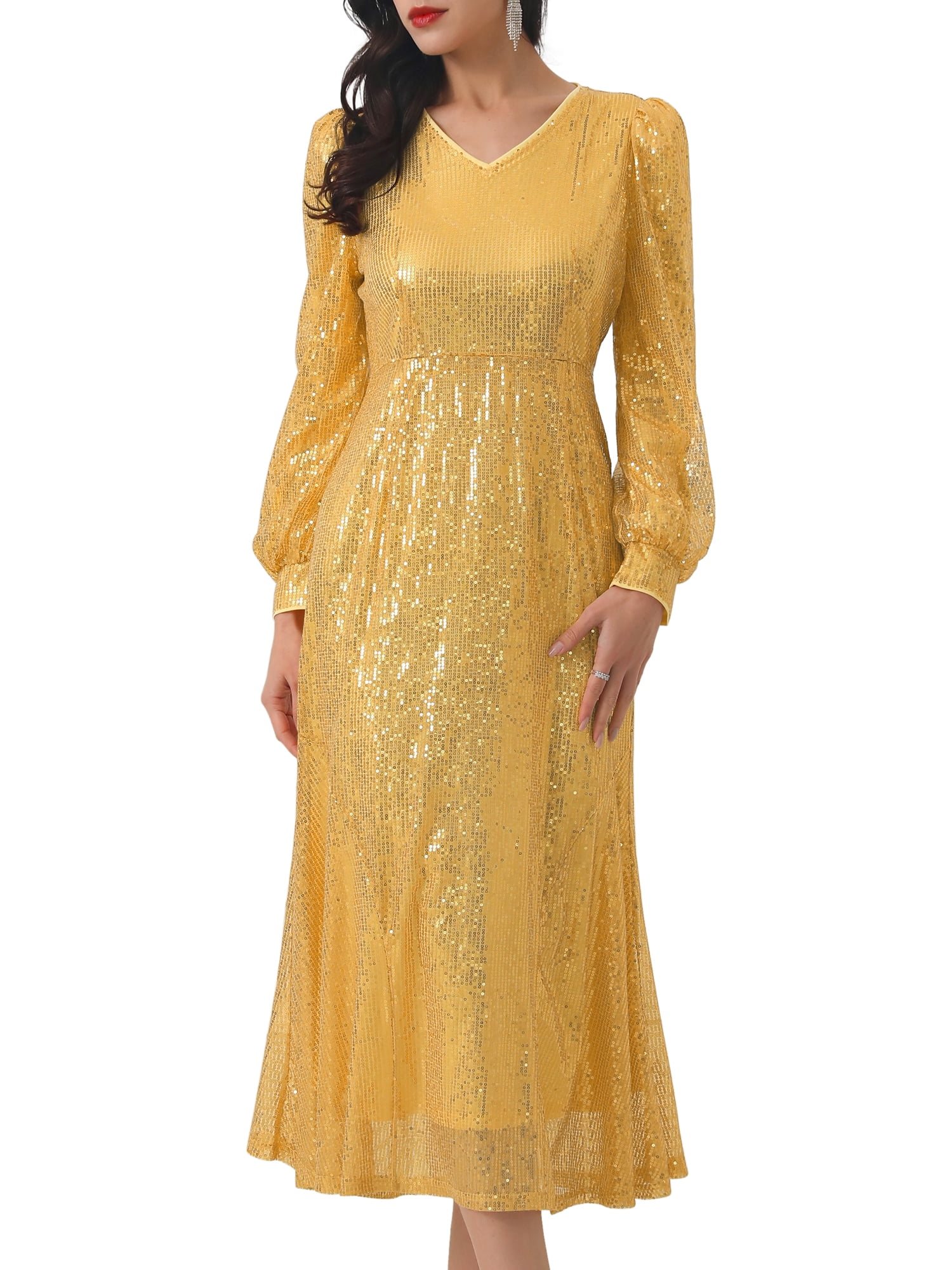DARING DIVA V-Neck Sequin Long Sleeve Cocktail PromDress M Gold ...