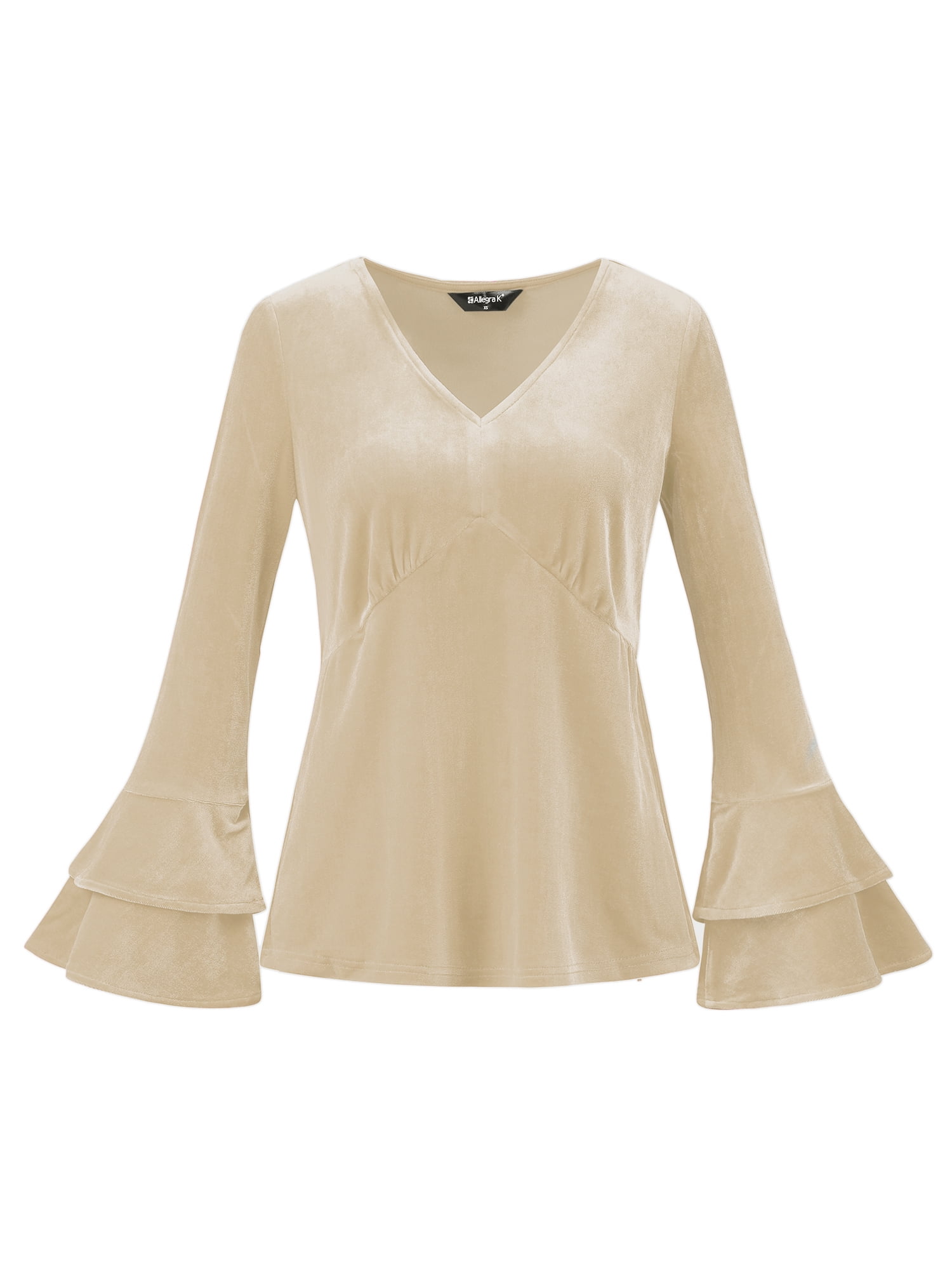 DARING DIVA V Neck Velvet Flare Long Sleeve Casual Top M Beige ...