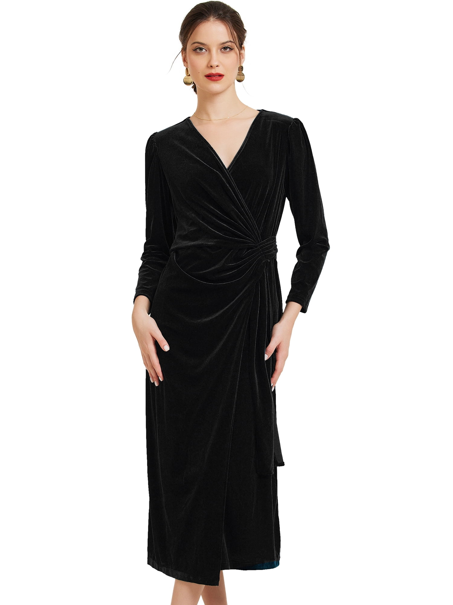 DARING DIVA Velvet Wrap V Neck 3/4 Sleeve Maxi Dress M Black - Walmart.com