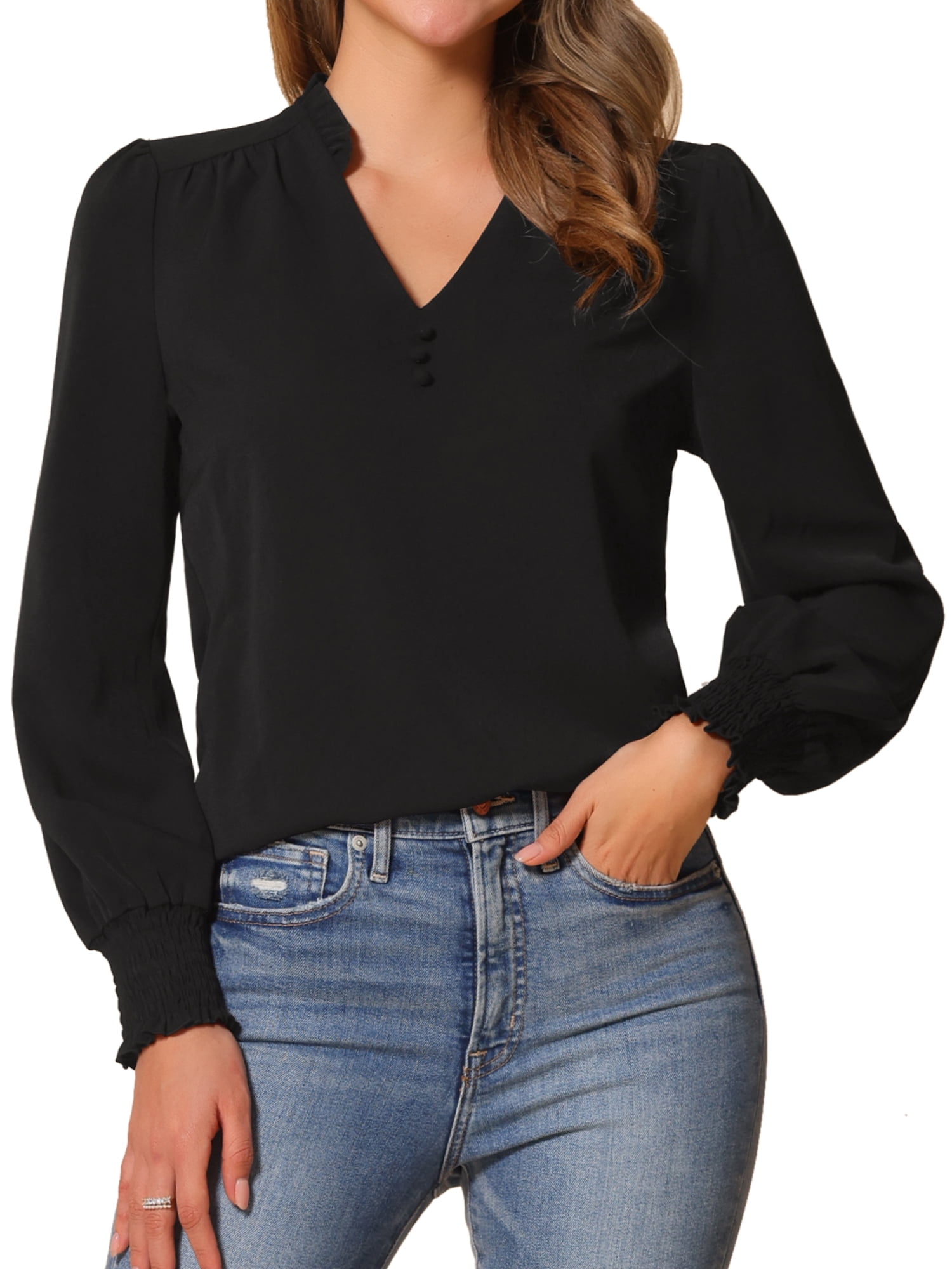 DARING DIVA Women's Vintage Ruffle V Neck Puff Long Sleeve Shirts M ...