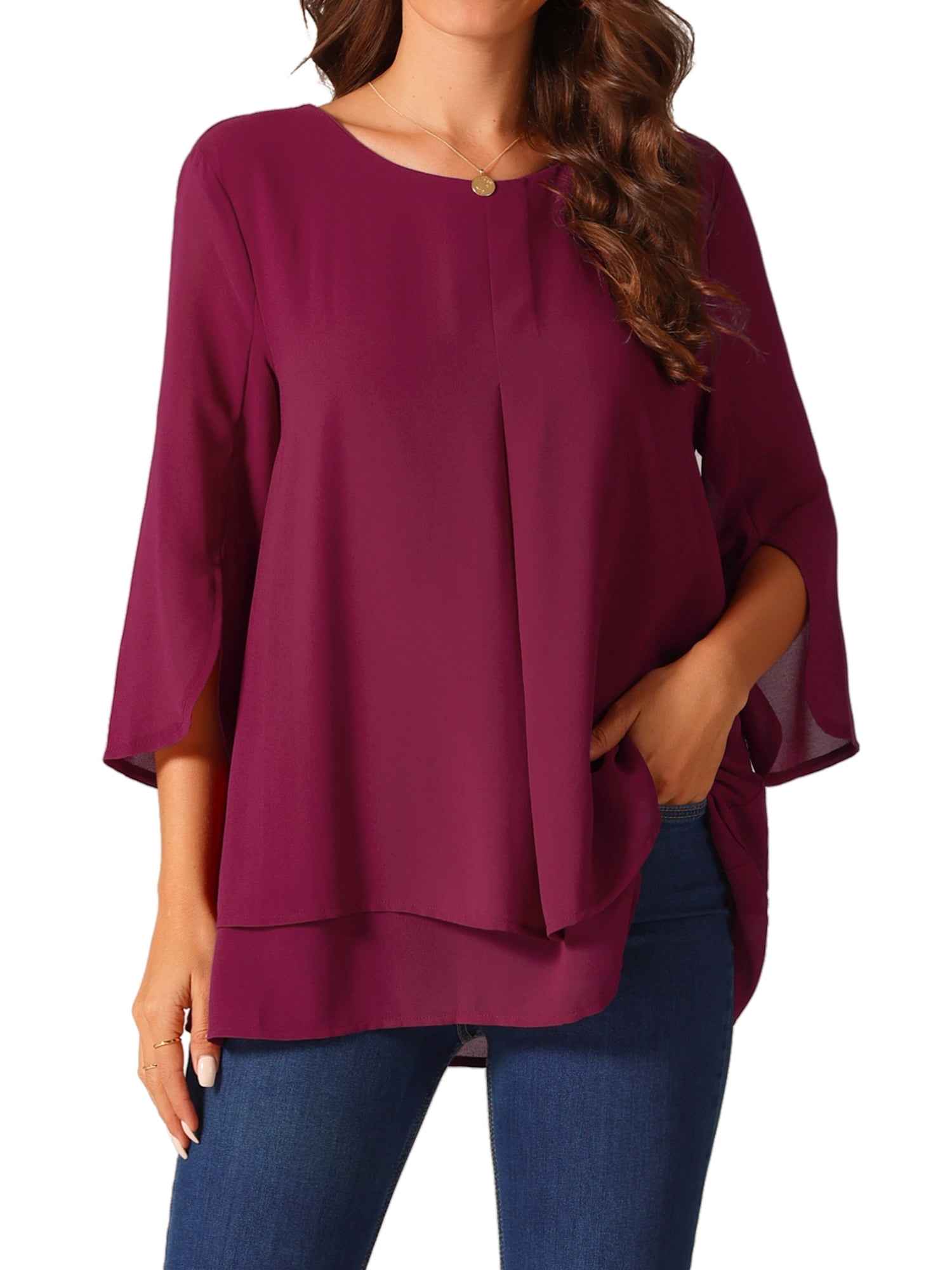 DARING DIVA Women's 3/4 Sleeve Chiffon Casual Crew Neck Blouses XL Wine ...