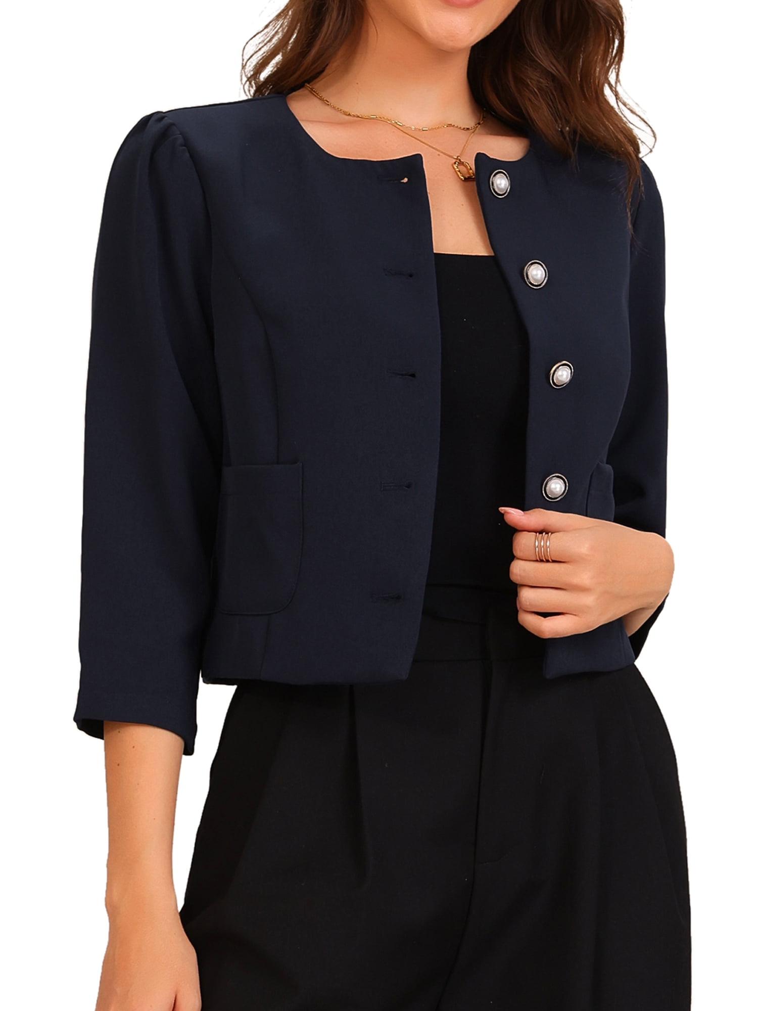 DARING DIVA Women's 3/4 Sleeve Collarless Button Down Office Jacket L ...