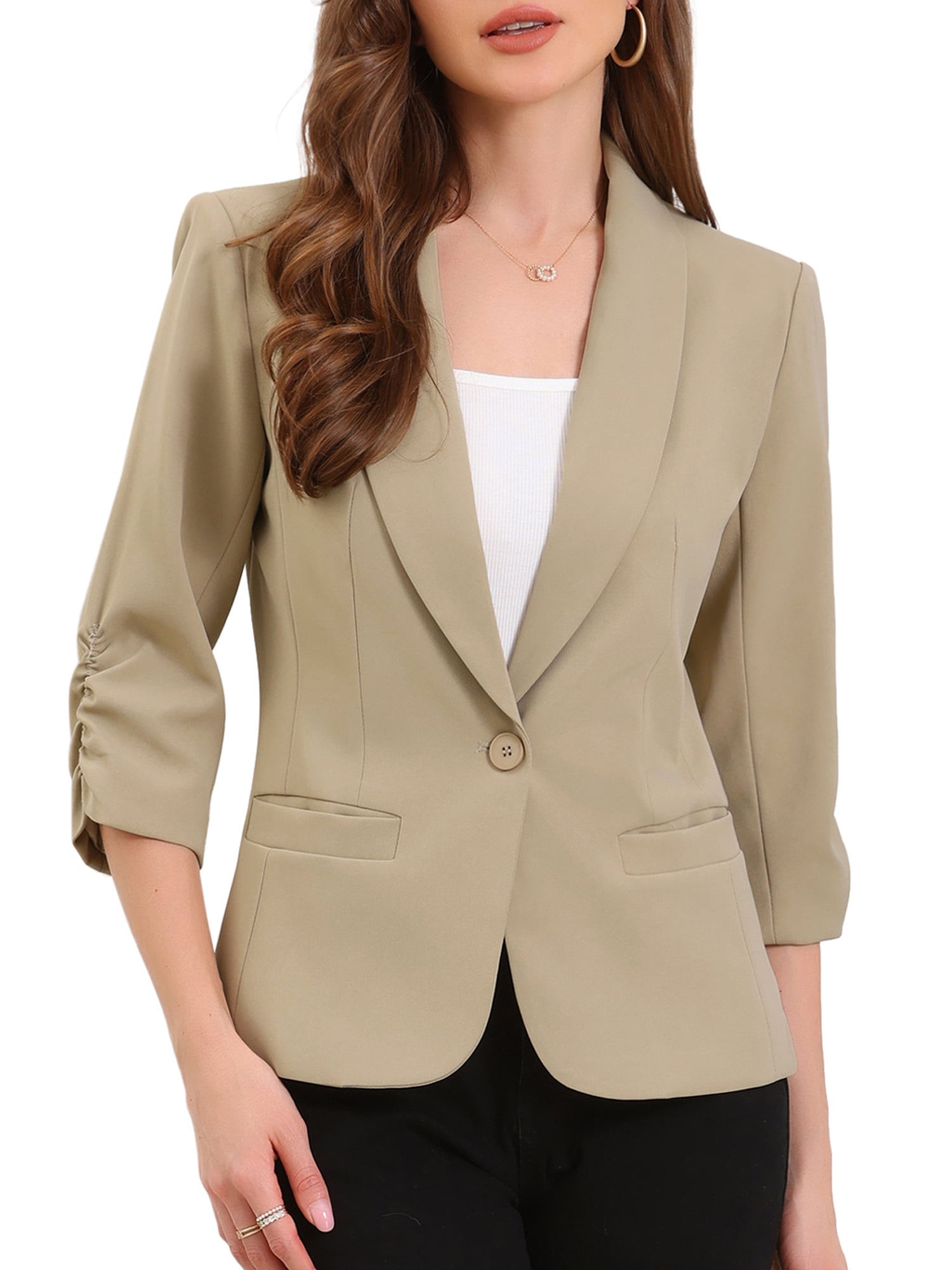 DARING DIVA Women's 3/4 Sleeve Shawl Lapel Work Blazer with Pockets L Khaki - Walmart.com