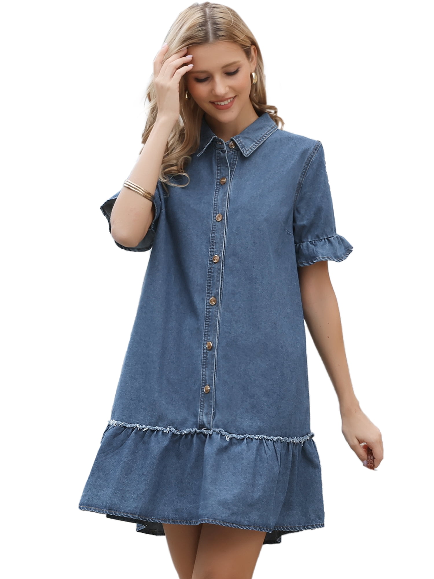 DARING DIVA Women's Babydoll Ruffle Short Sleeve Denim Mini Dress M ...