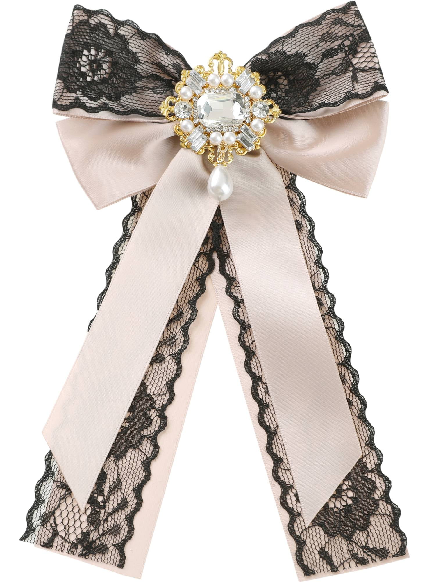 DARING DIVA Women's Black Lace Trimmed Ribbon Pre-tied Bow Tie Apricot ...