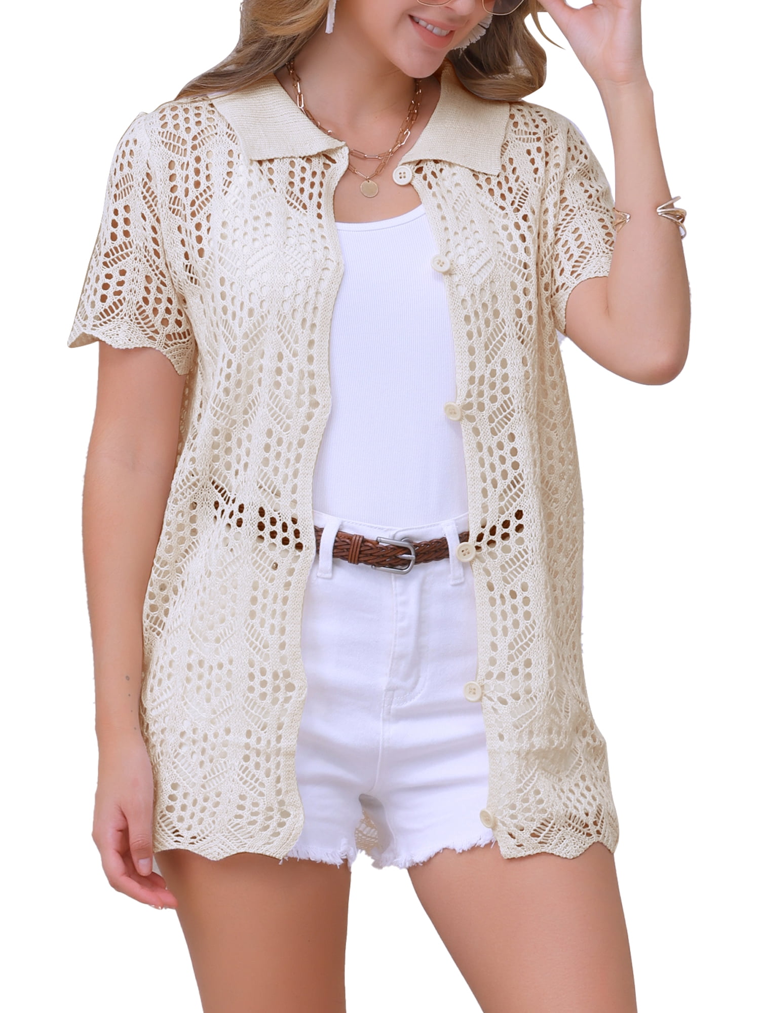 DARING DIVA Women's Button Down Short Sleeve Crochet Hollow Out Beach ...