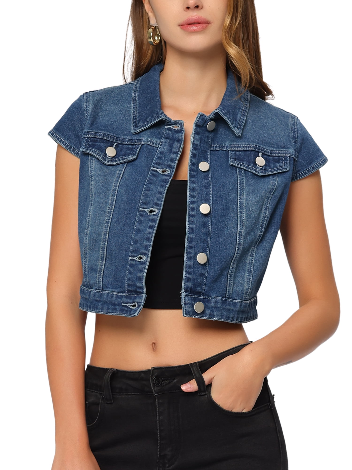DARING DIVA Women's Cap Short Sleeve Cropped Denim Jacket L Blue ...