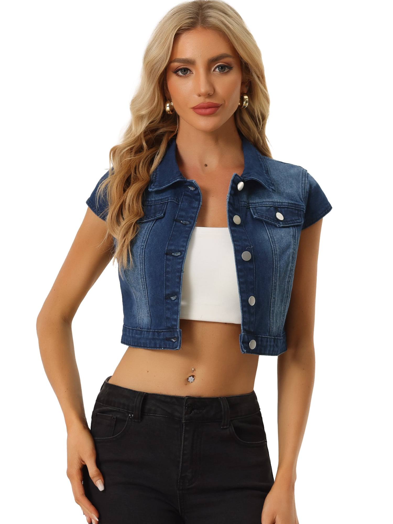 DARING DIVA Women's Cap Short Sleeve Cropped Denim Jacket M Dark Blue ...