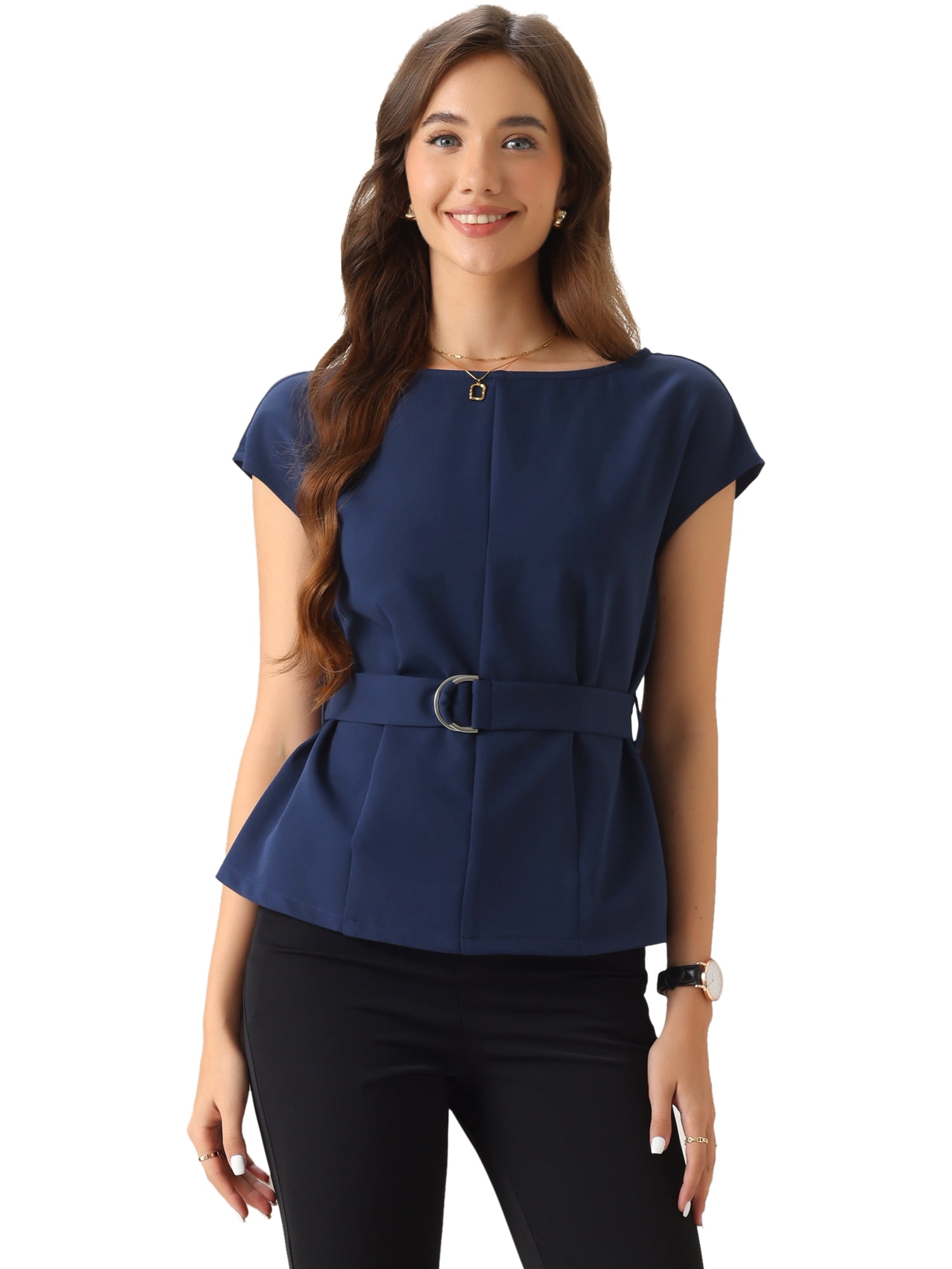 DARING DIVA Women's Cap Sleeve Top Boat Neck Belted Peplum Tops XS Dark ...