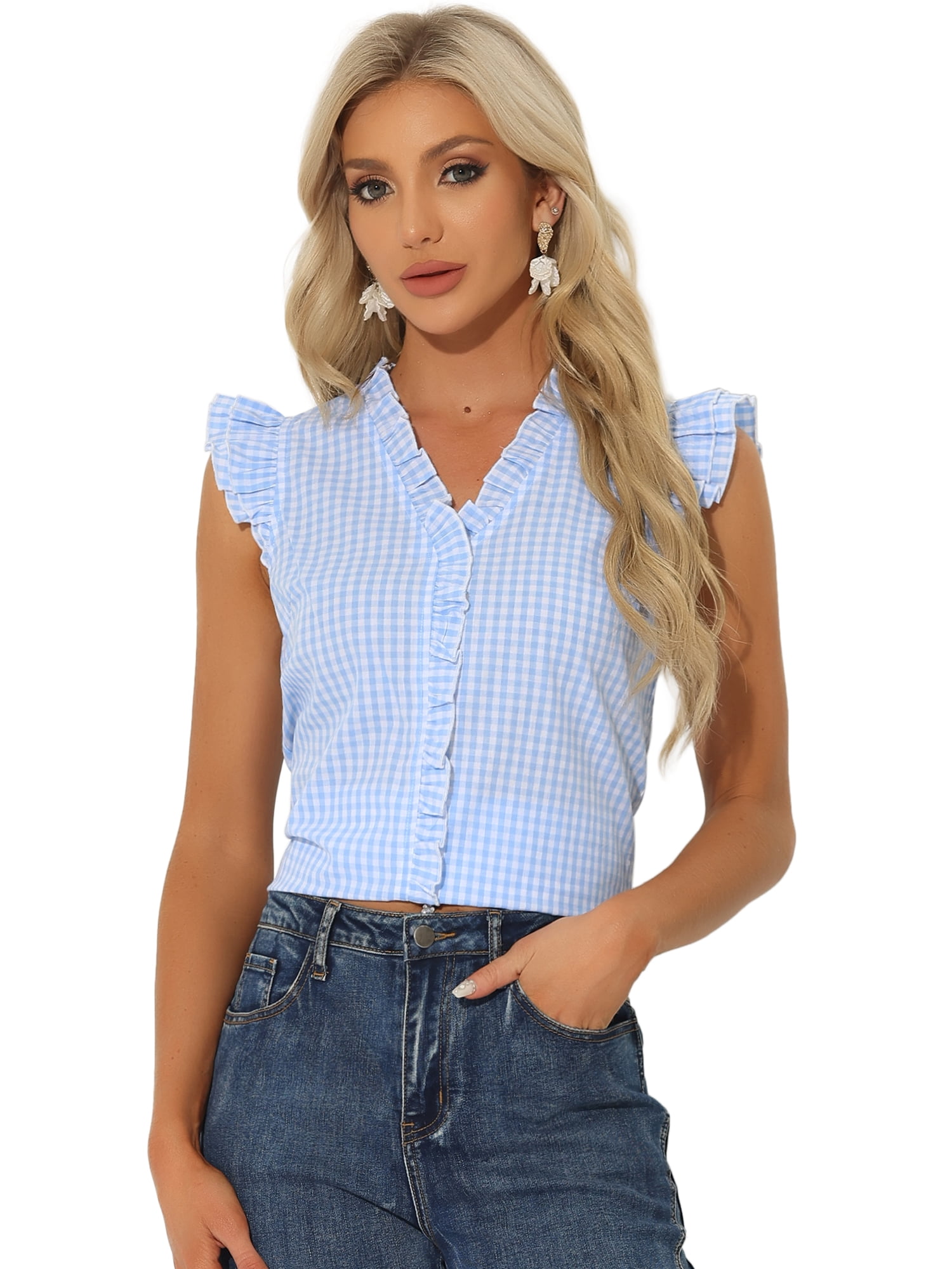 DARING DIVA Women's Cap Sleeve Plaid Gingham Ruffle Blouse L Blue ...