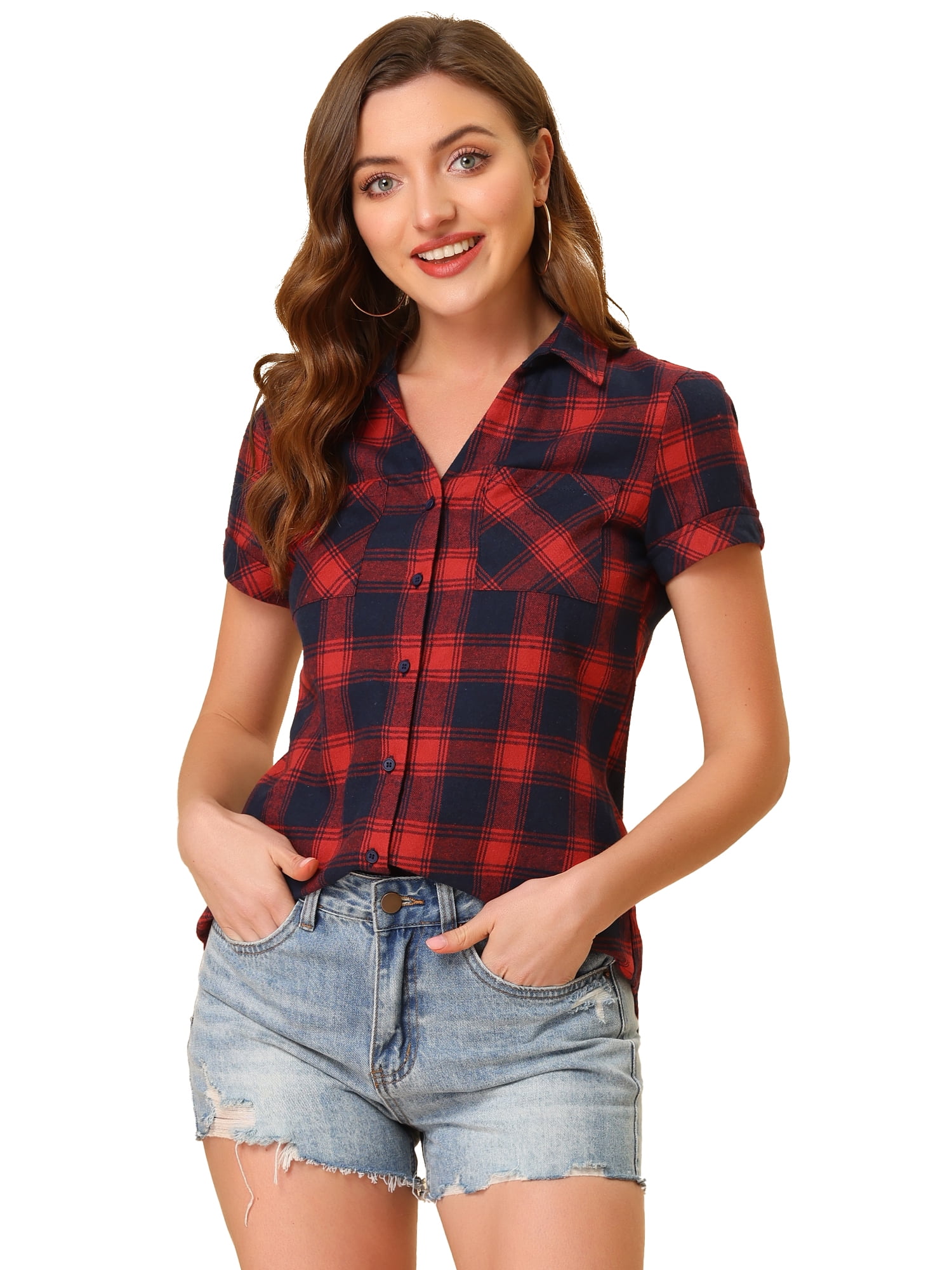 DARING DIVA Women's Casual Boyfriend Plaid Button Down Flannel Shirt M Dark Blue Red - Walmart.com