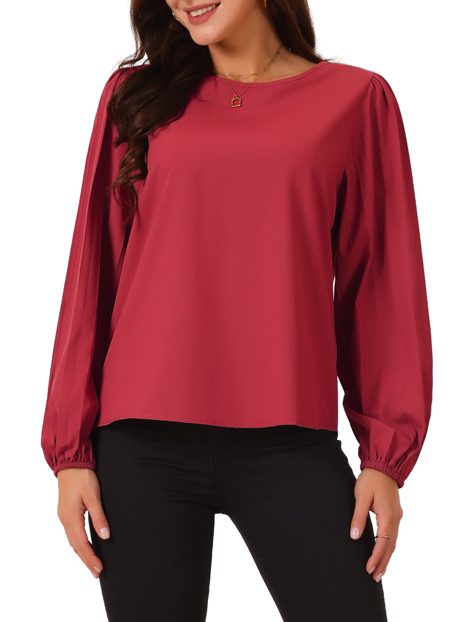 DARING DIVA Women's Chiffon Pleated Flowy Dressy Tops S Dark Red ...
