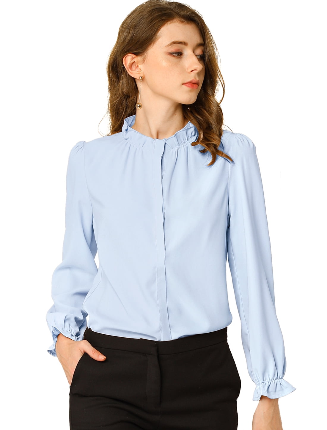 DARING DIVA Women's Chiffon Stand Collar Ruffled Trim Work Blouse 3XL ...