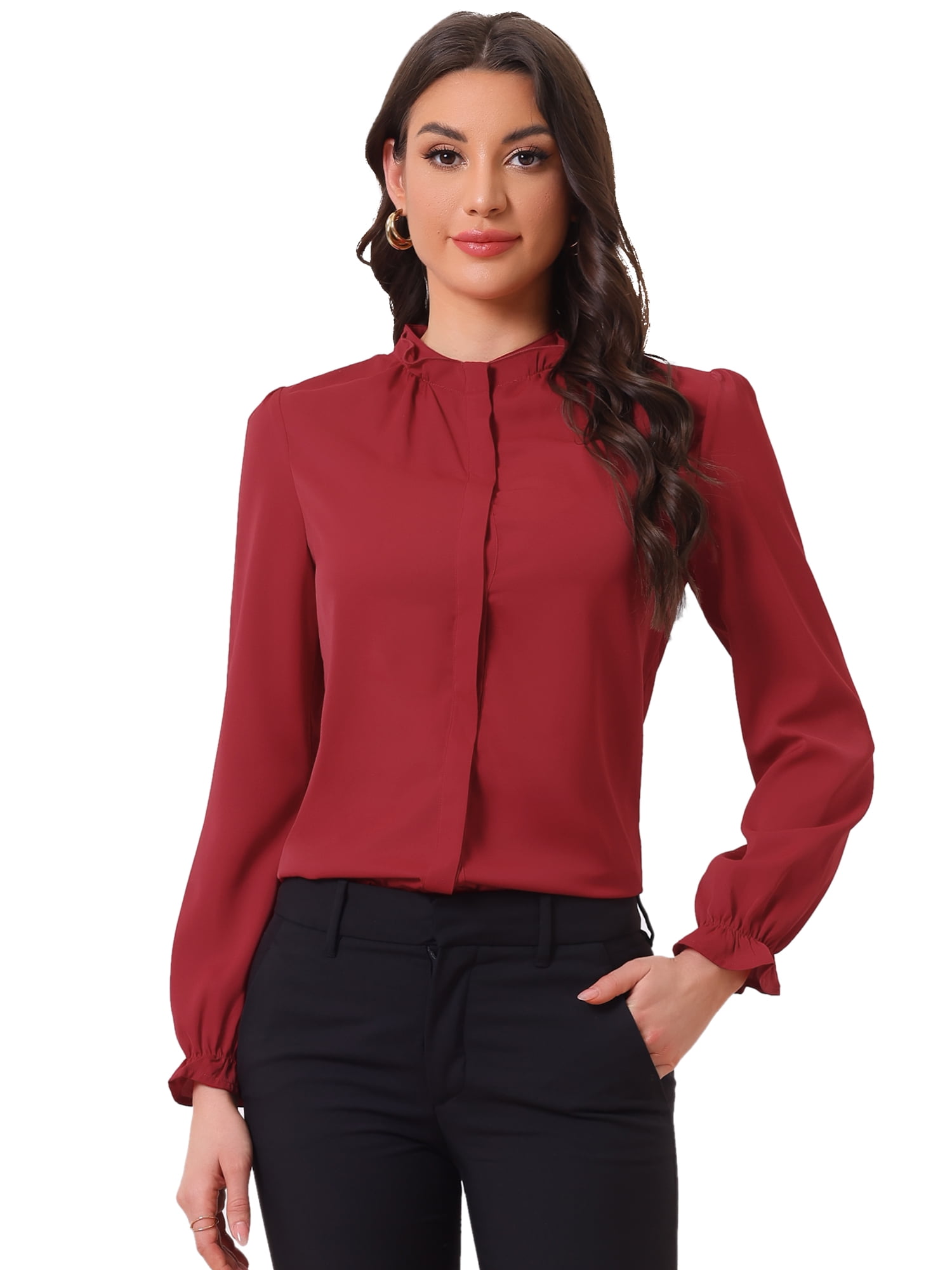 DARING DIVA Women's Chiffon Stand Collar Ruffled Trim Work Blouse L ...