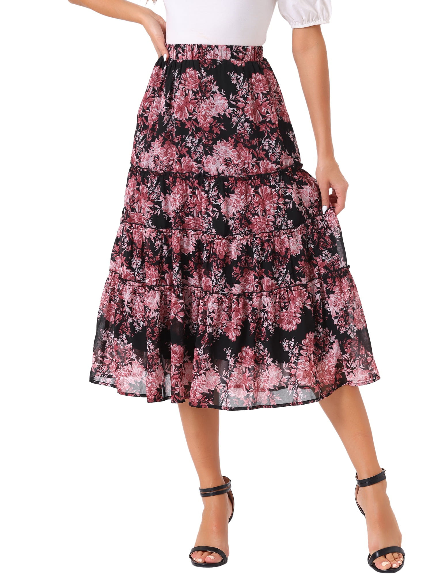 DARING DIVA Women's Chiffon Tiered A-Line Maxi Skirt L Black Pinks ...