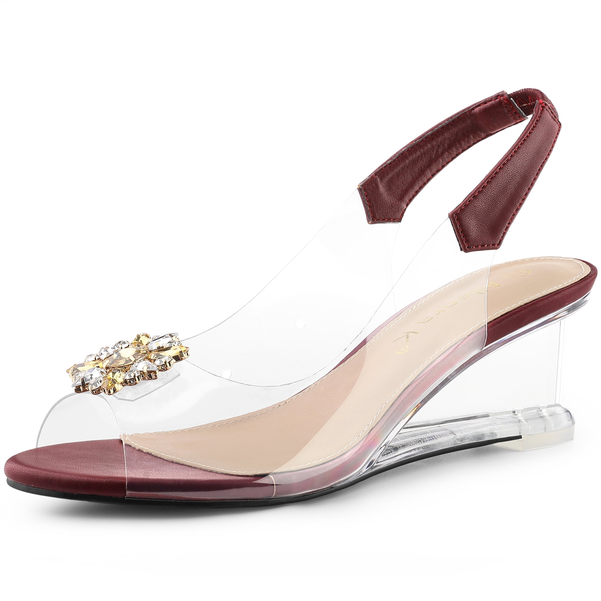 DARING DIVA Women's Clear Slingback Wedges Rhinestone Peep Toe Heels ...