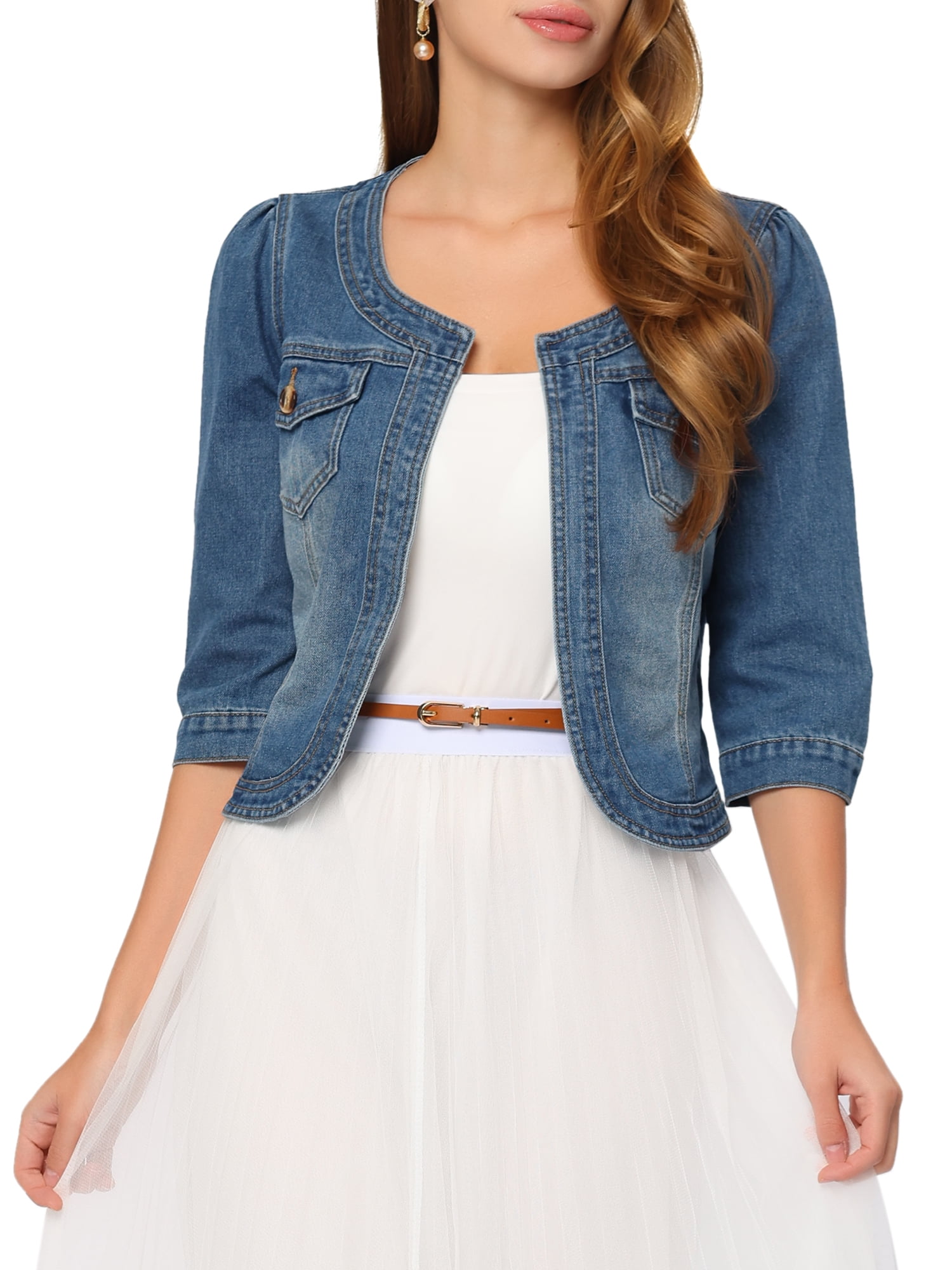 DARING DIVA Women's Collarless 3/4 Sleeve Denim Jackets S Blue ...