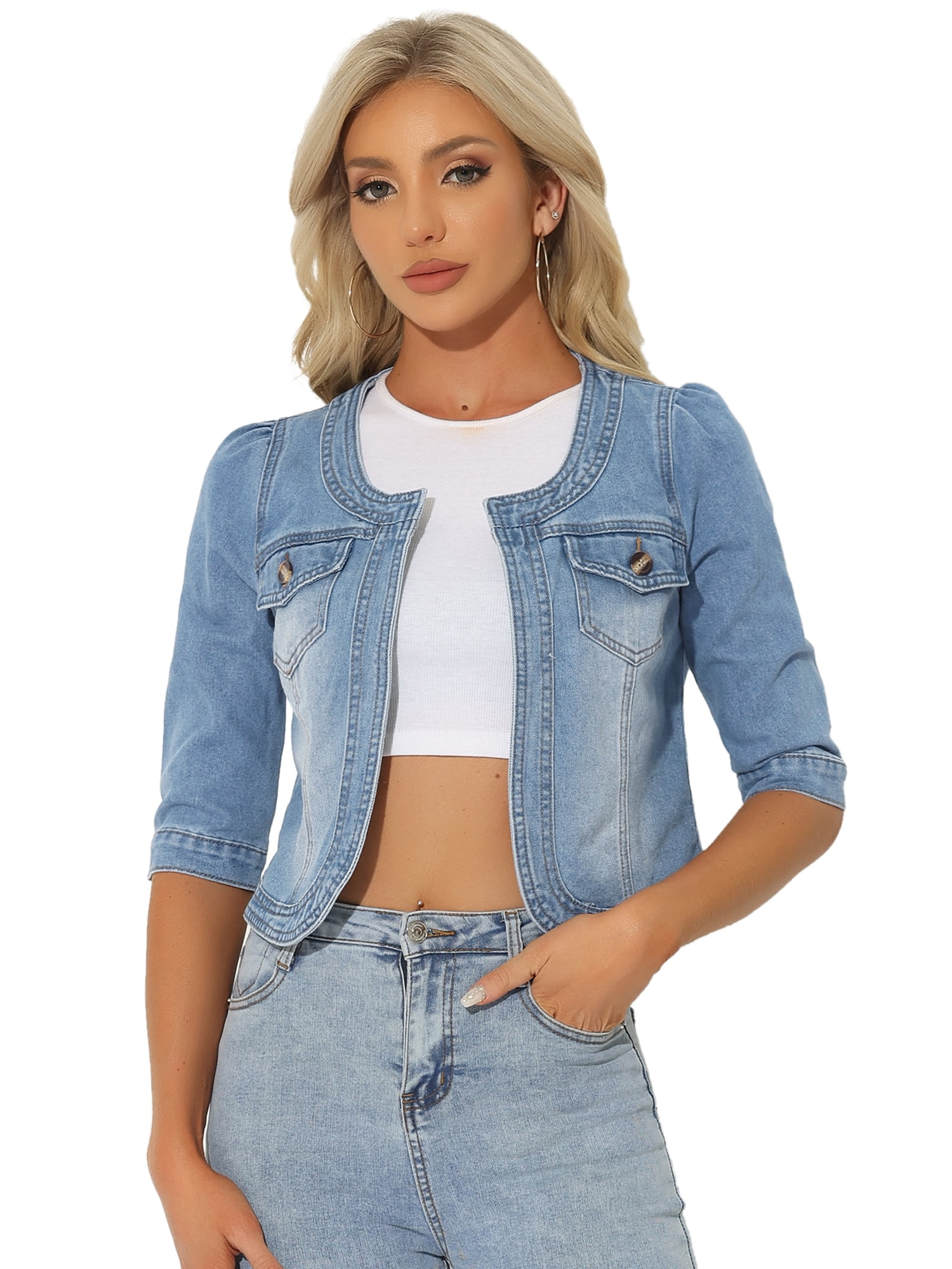 DARING DIVA Women's Collarless 3/4 Sleeve Denim Jackets S Light Blue ...
