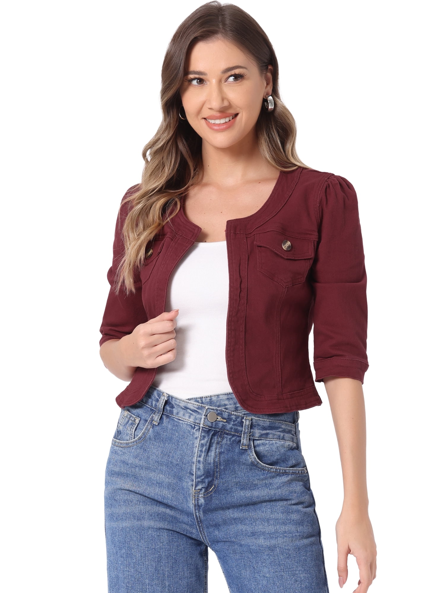 DARING DIVA Women's Collarless 3/4 Sleeve Denim Jackets S Purple Red ...