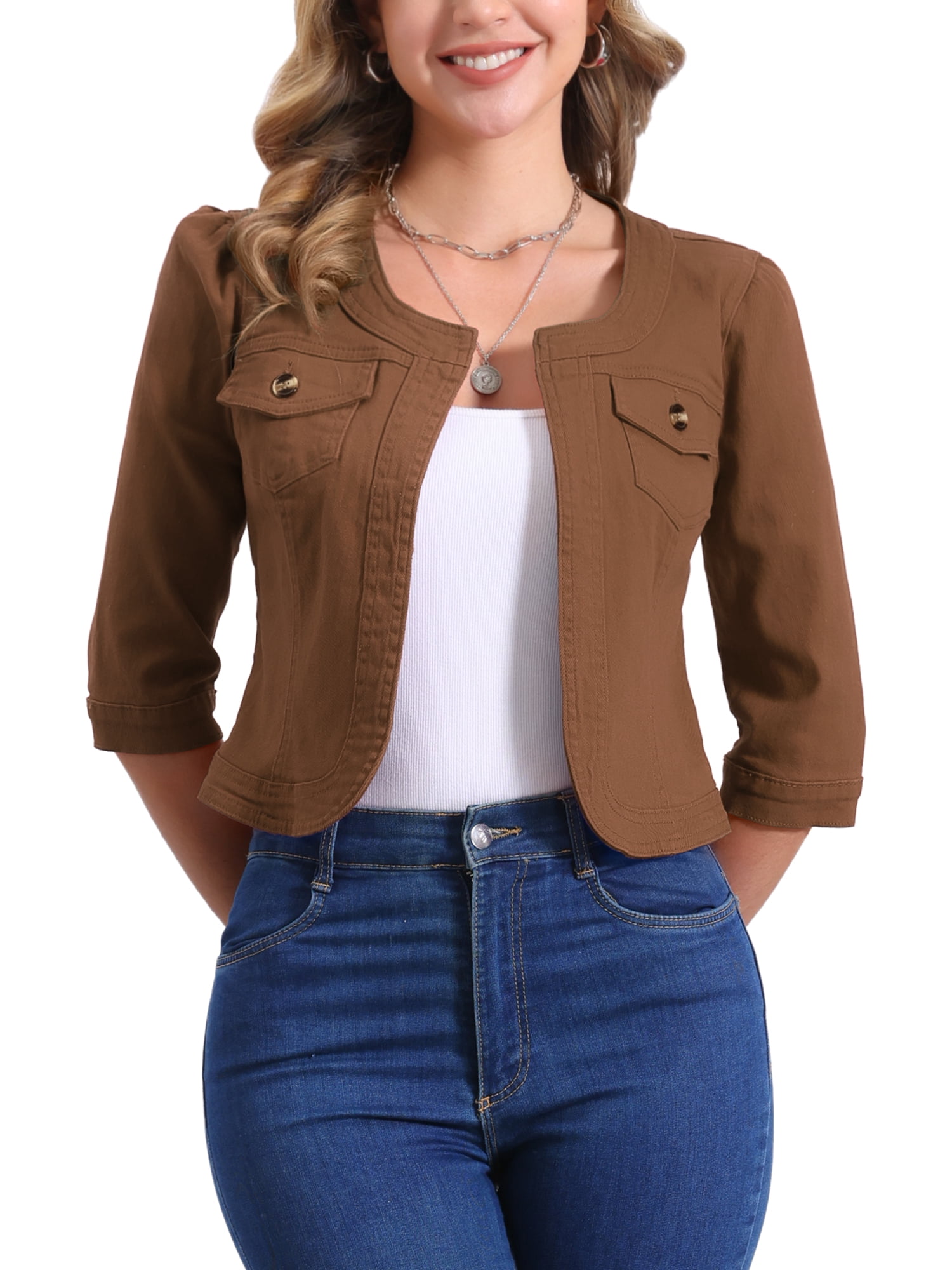 DARING DIVA Women's Collarless 3/4 Sleeve Denim Jackets XS Brown ...