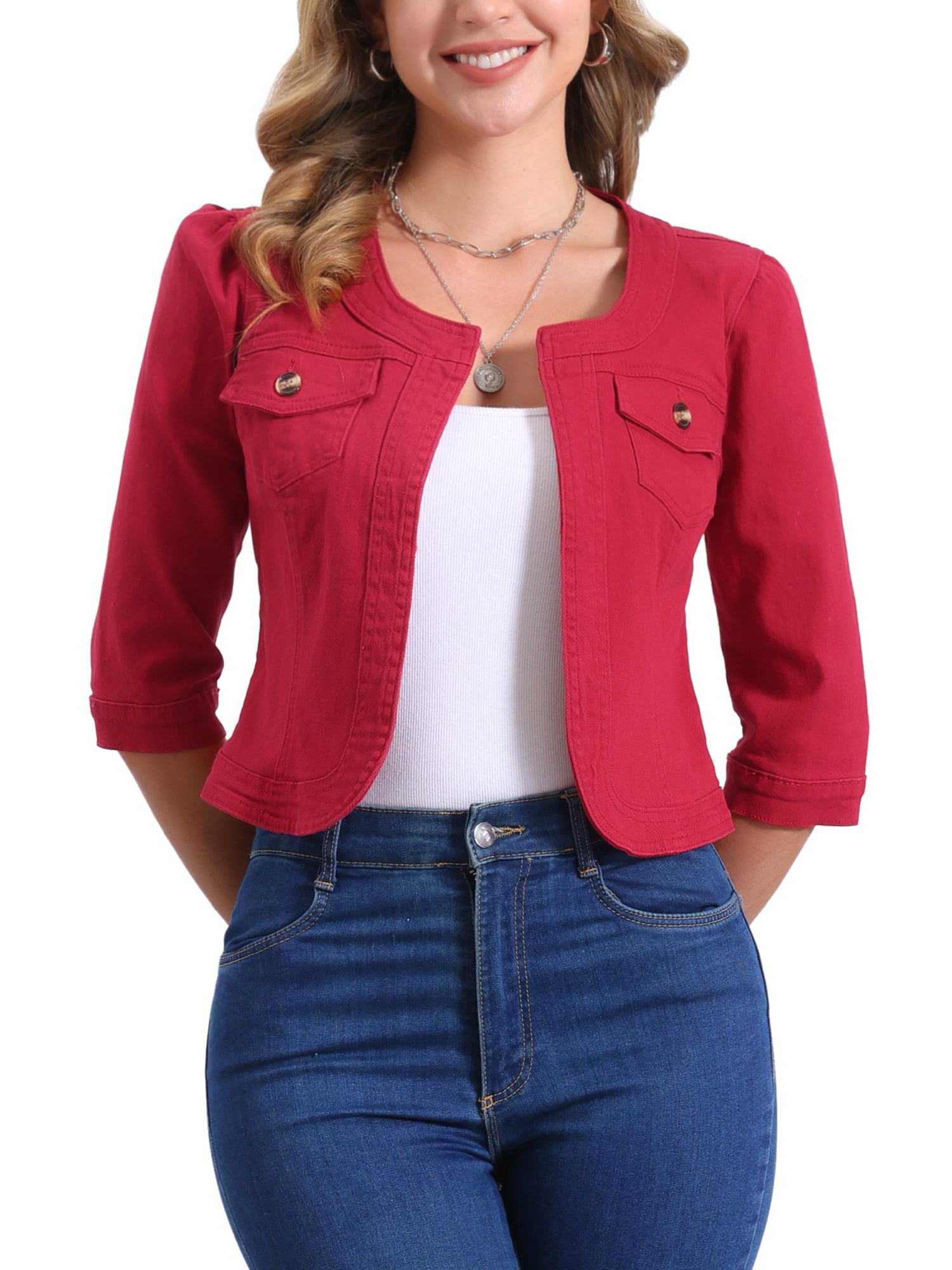 DARING DIVA Women's Collarless 3/4 Sleeve Denim Jackets XS Red ...