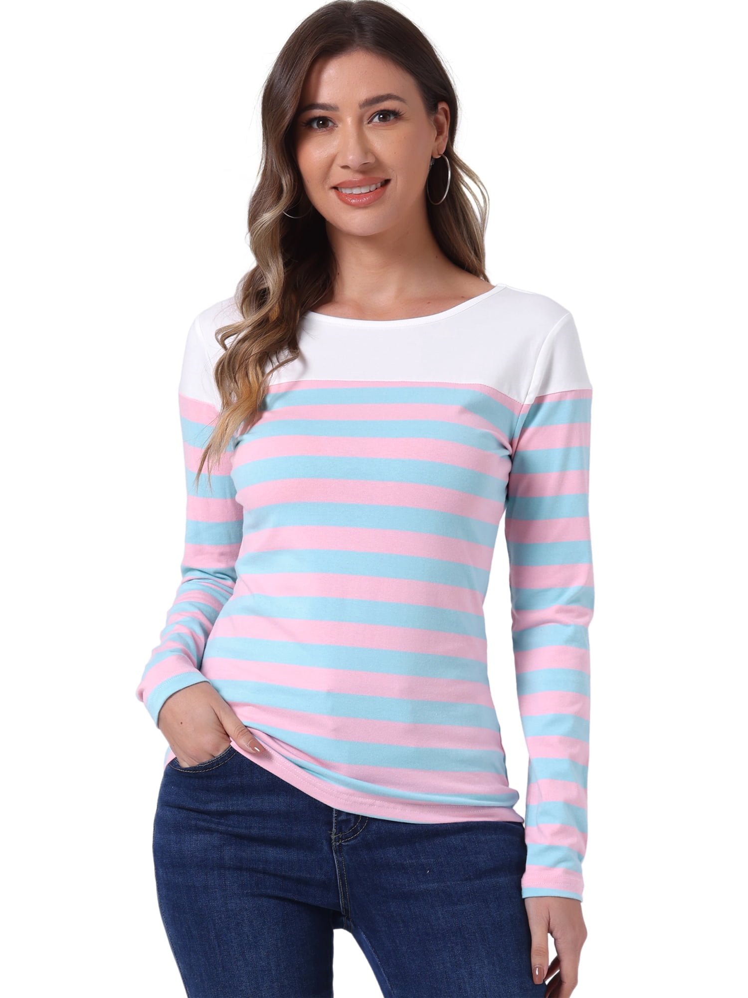 DARING DIVA Women's Color Block Striped Knit Top Long Sleeves T-Shirt L ...