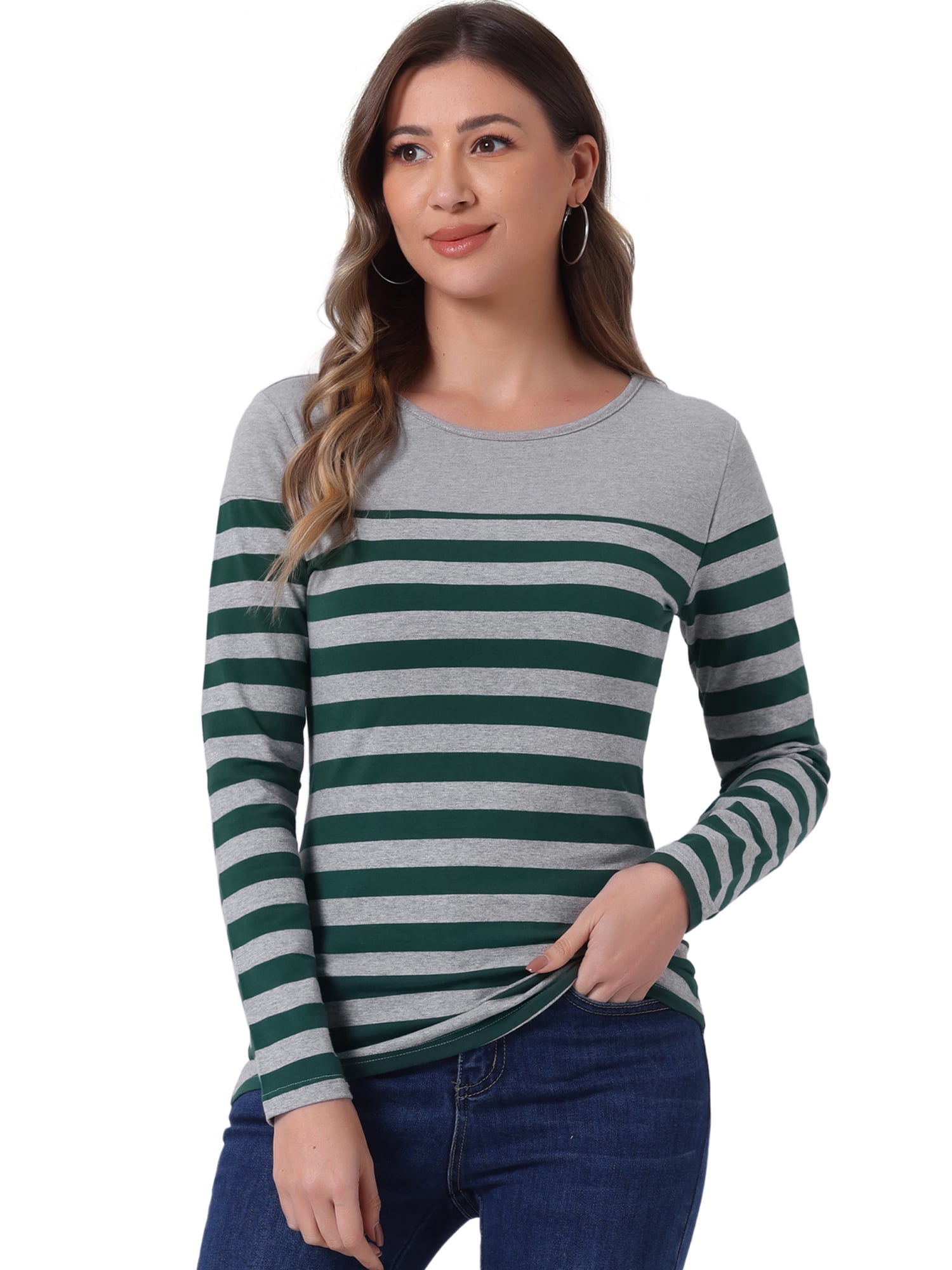 DARING DIVA Women's Color Block Striped Knit Top Long Sleeves T-Shirt L ...