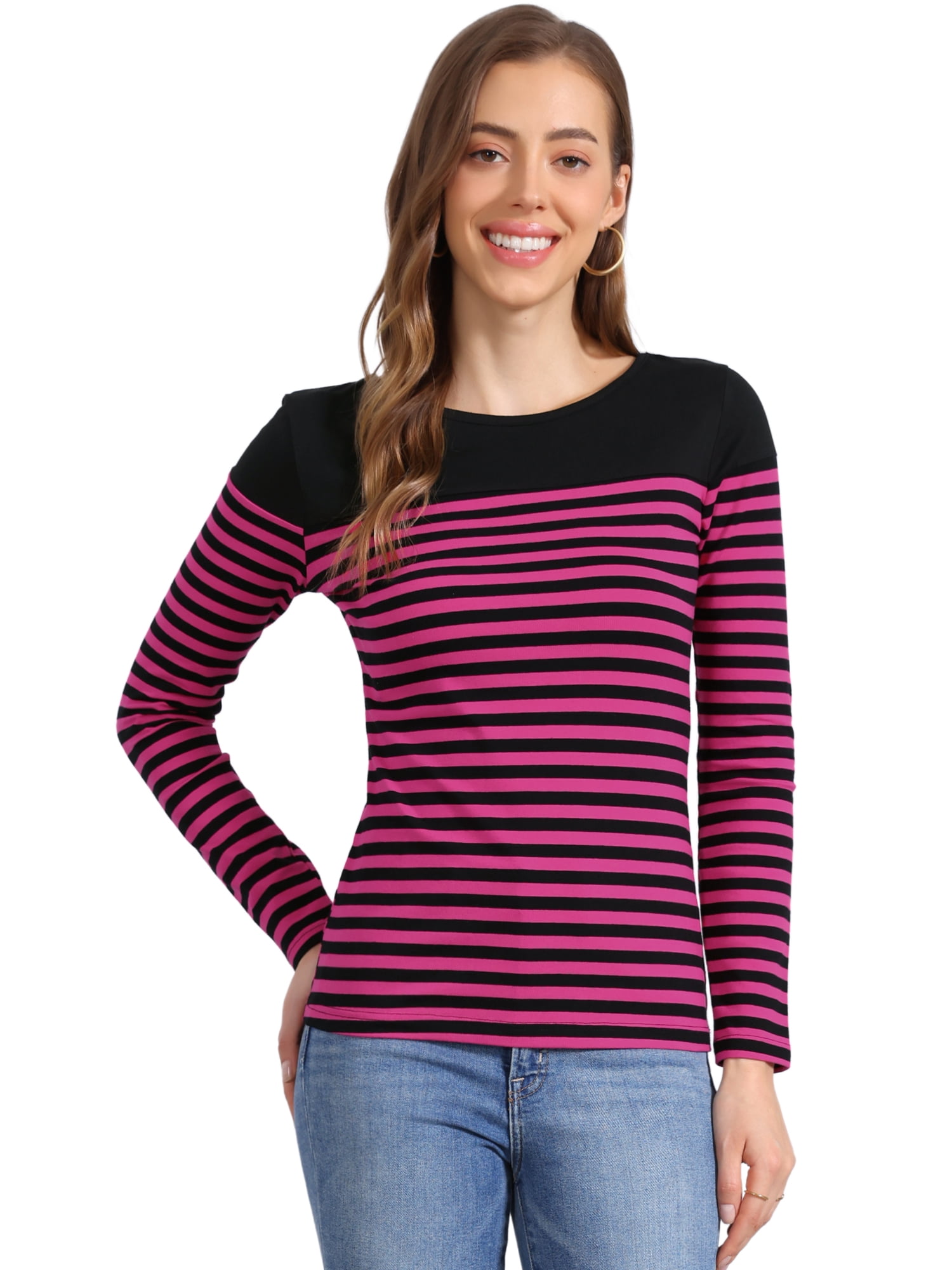DARING DIVA Women's Color Block Striped Knit Top Long Sleeves T-Shirt ...