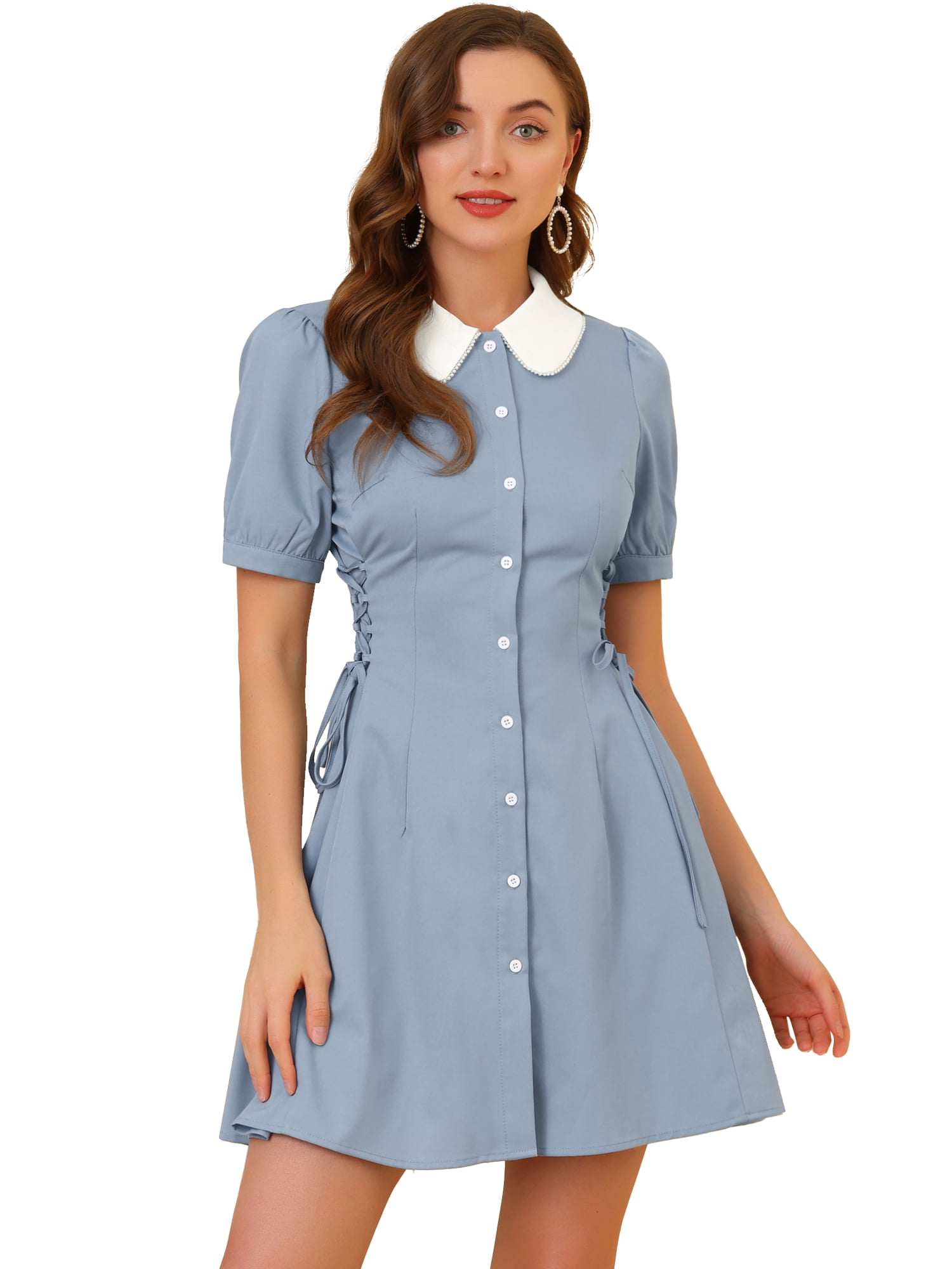 DARING DIVA Women's Contrast Button Down Lace up Dress L Blue - Walmart.com