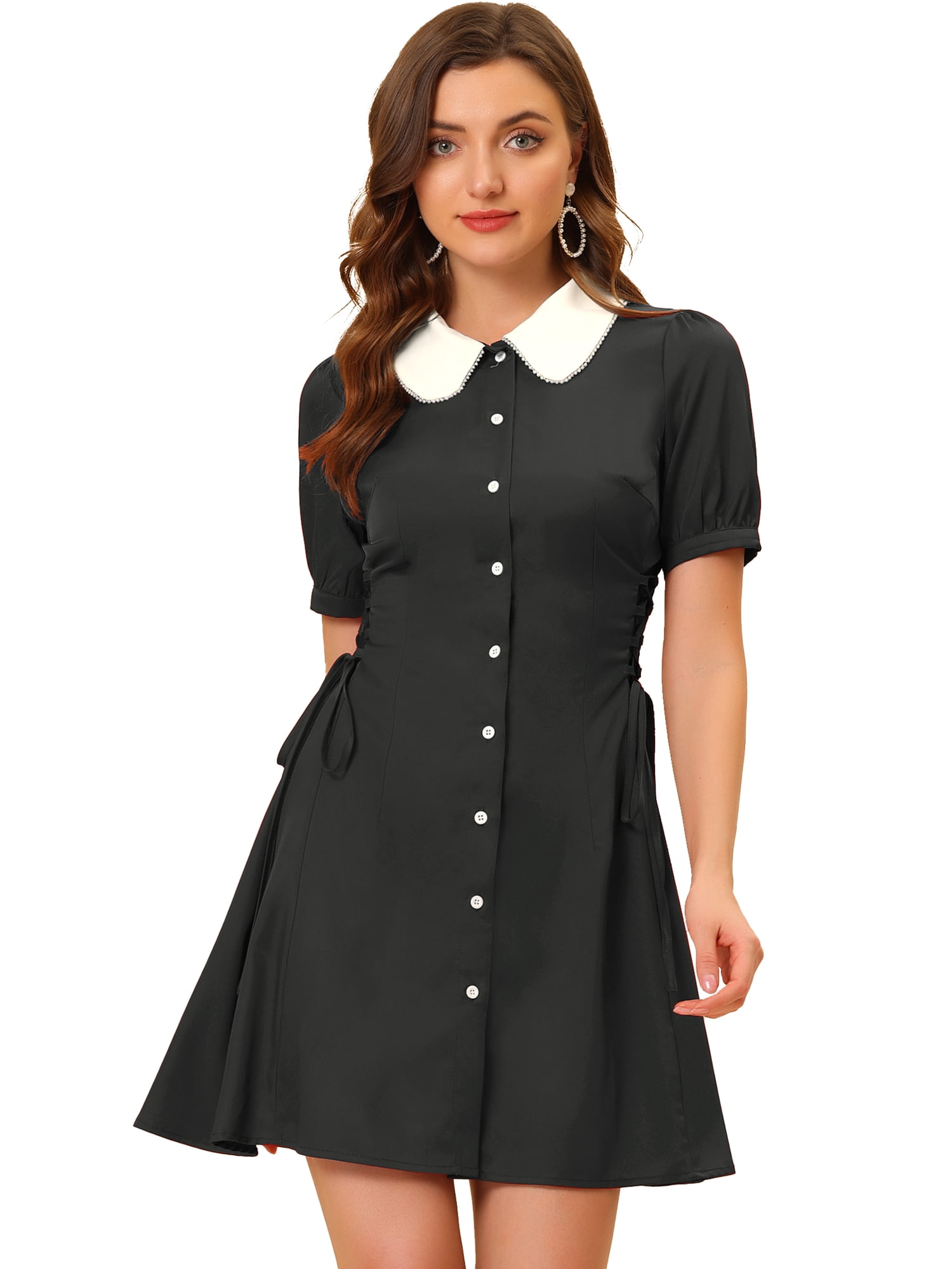 DARING DIVA Women's Contrast Button Down Lace up Dress S Blue M black ...