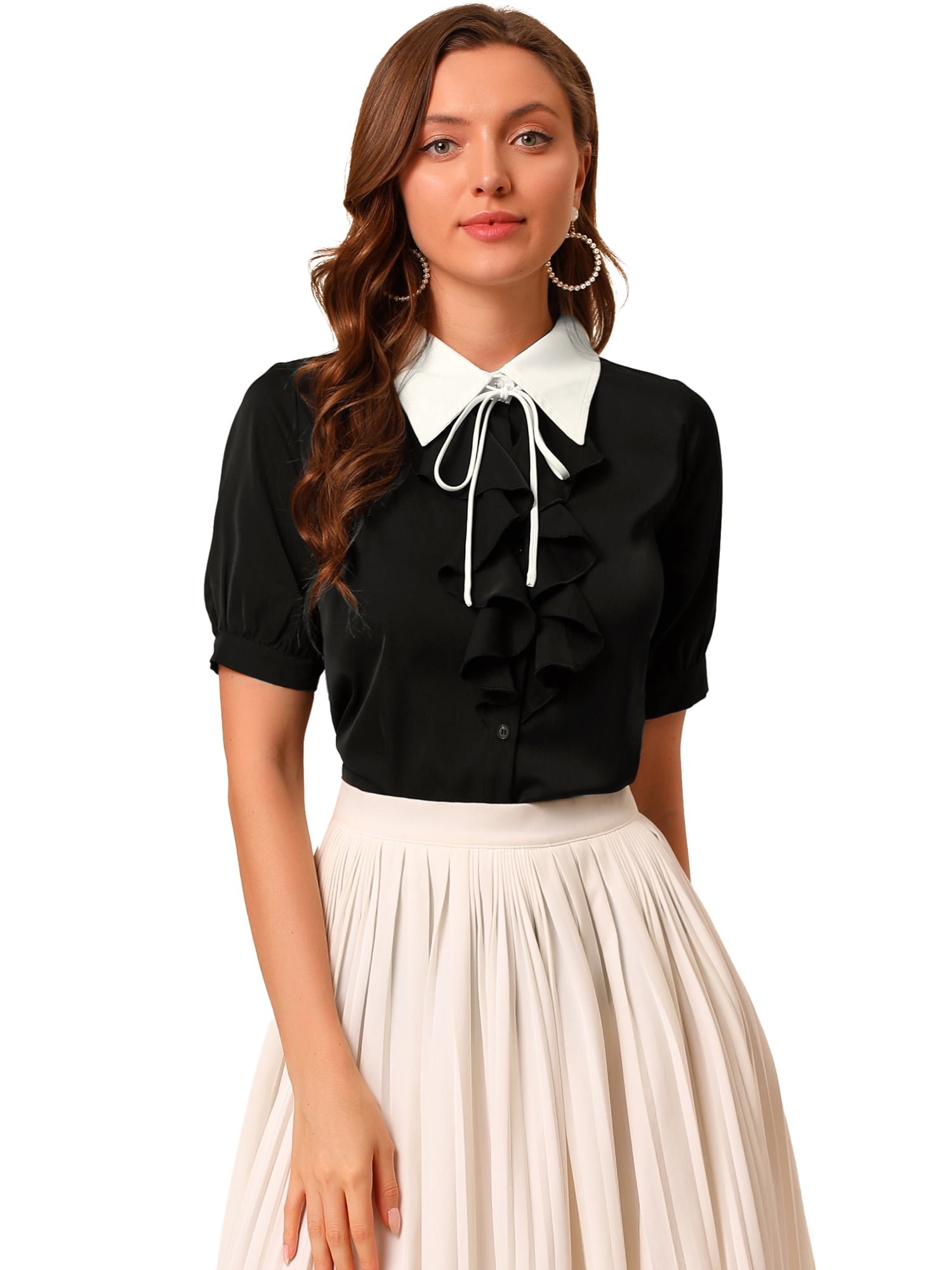 DARING DIVA Women's Contrast Collar Ruffle Front Button Short Sleeve ...